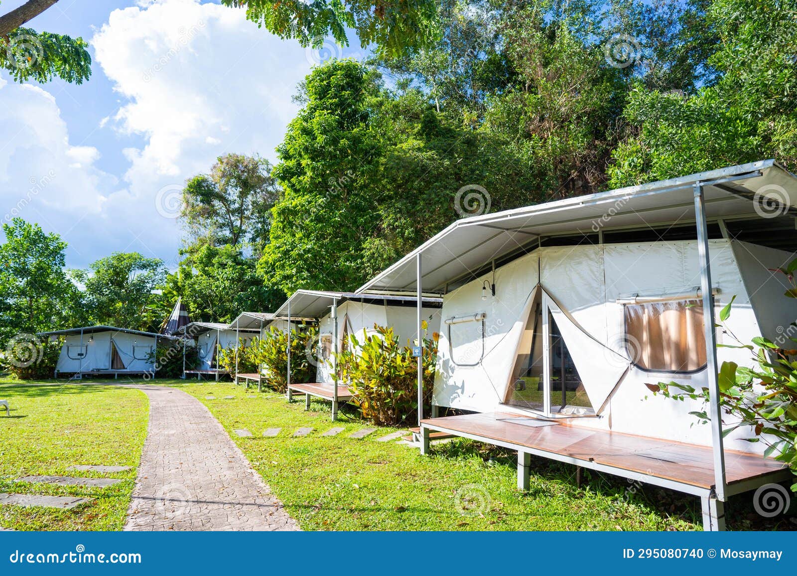 Tent House at Camping Area with Bonfire Stock Photo - Image of garden ...