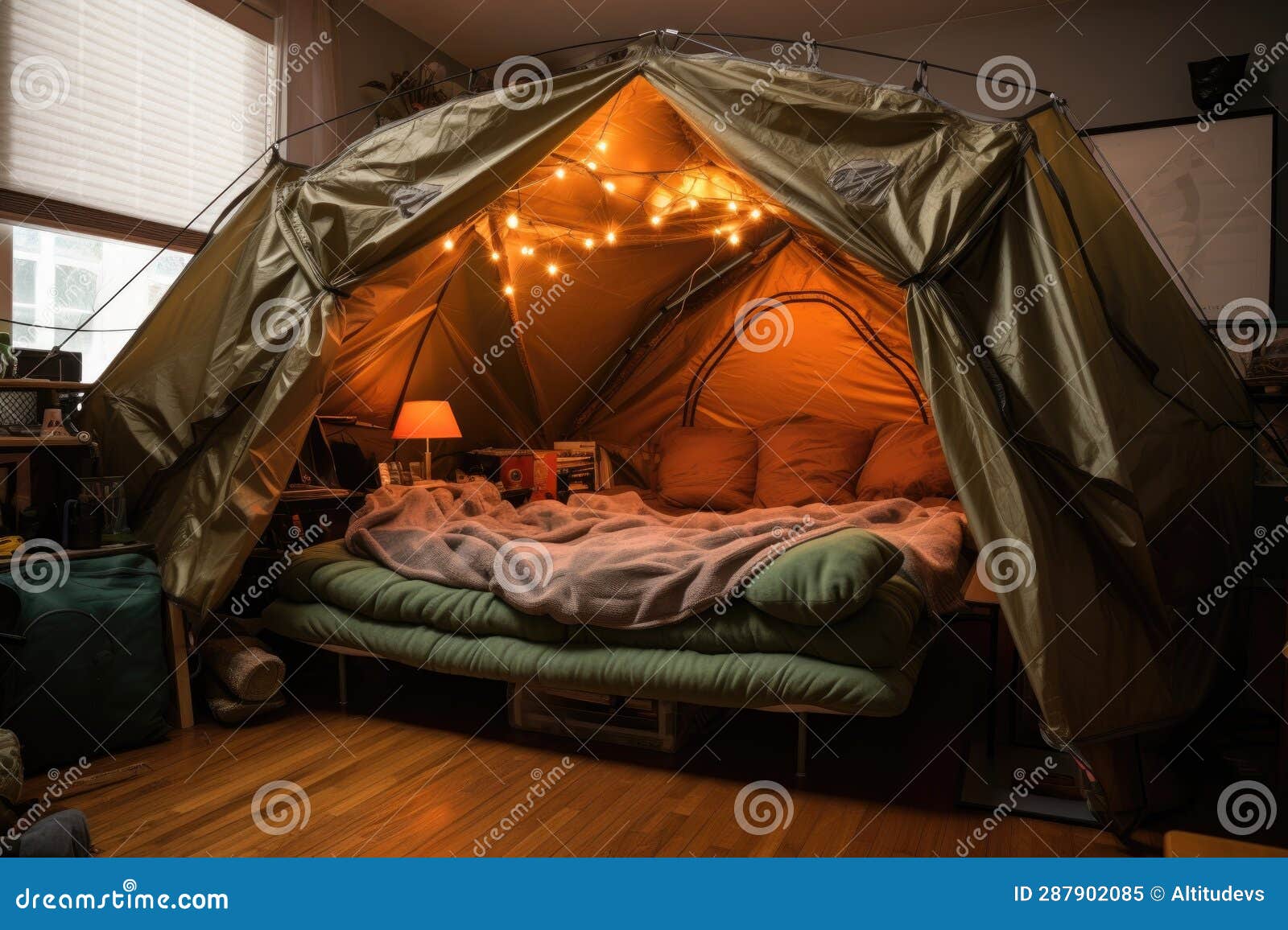 Tent with Open Flaps Revealing Cozy Interior Setup Stock Image - Image ...