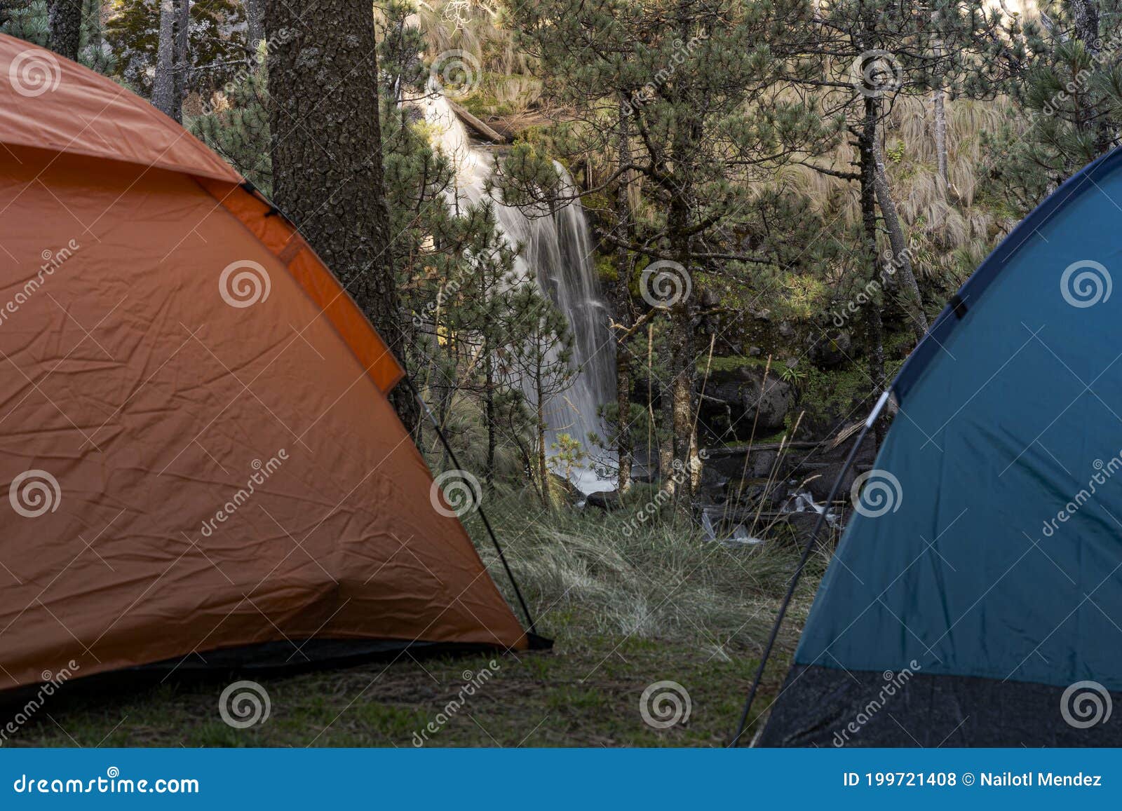 A Tent Stands Camps at a Shore of a Waterfall for a Wild Camping, Away ...