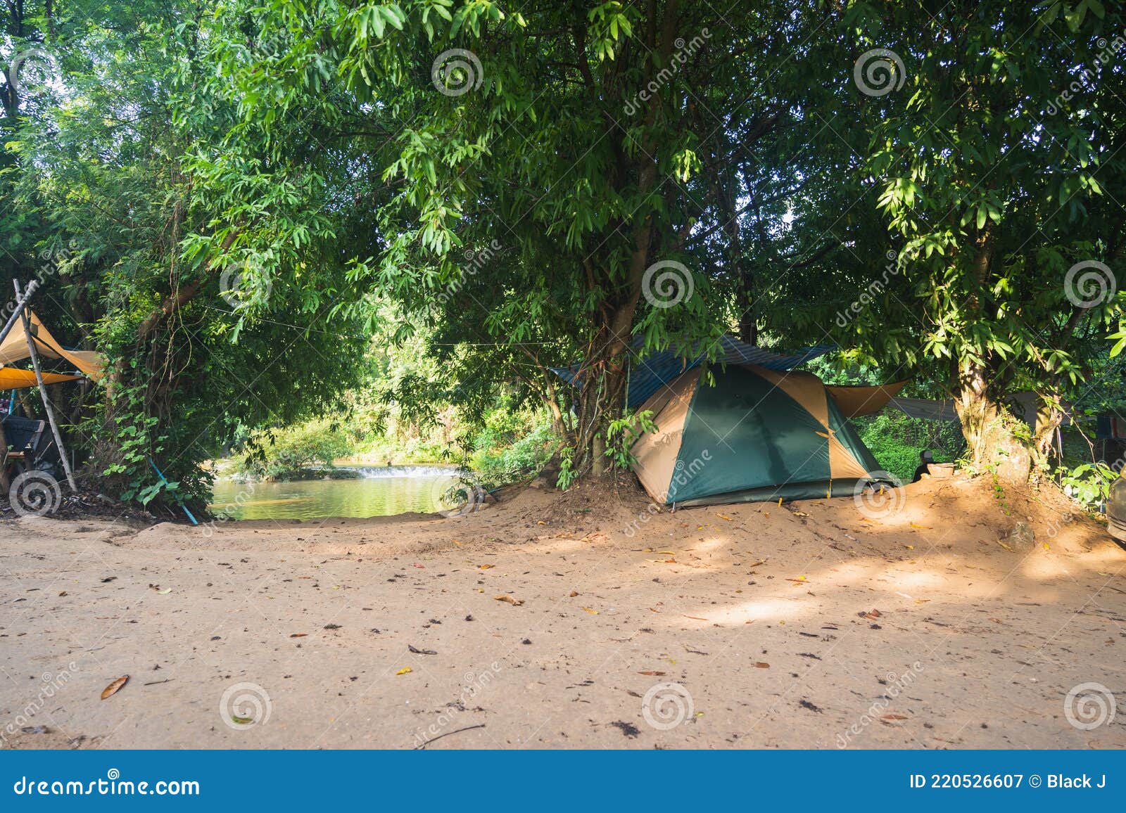 Tent Under the Trees, River and Waterfall View, Camping in the Green ...