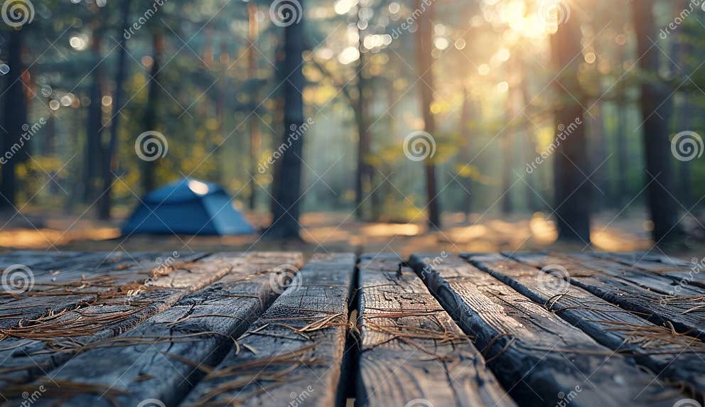 Tent on Wooden Platform in Forest Stock Photo - Image of hiking ...