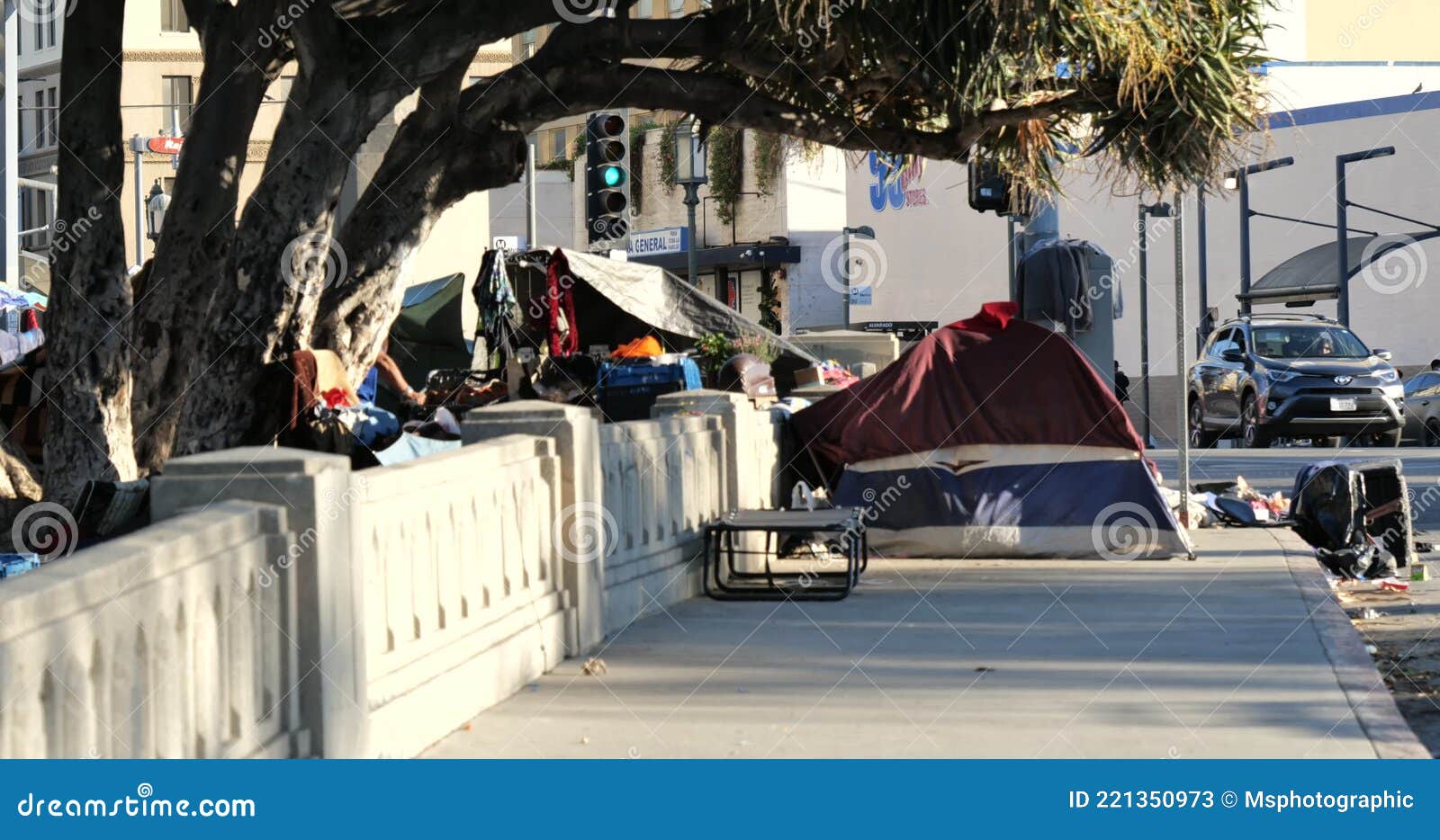 Tents Of A Homeless Encampment Across From Macarthur Park In Downtown