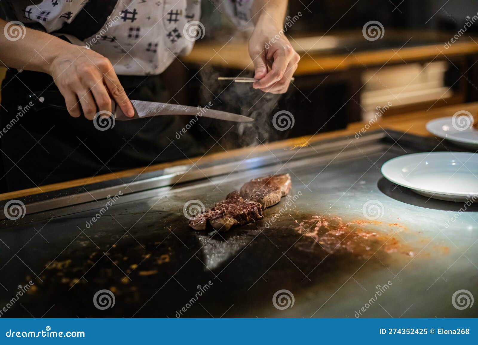 Tepanyaki - Japanese Grilled Beef on Pan. Chef Cooking at the Hot Table ...