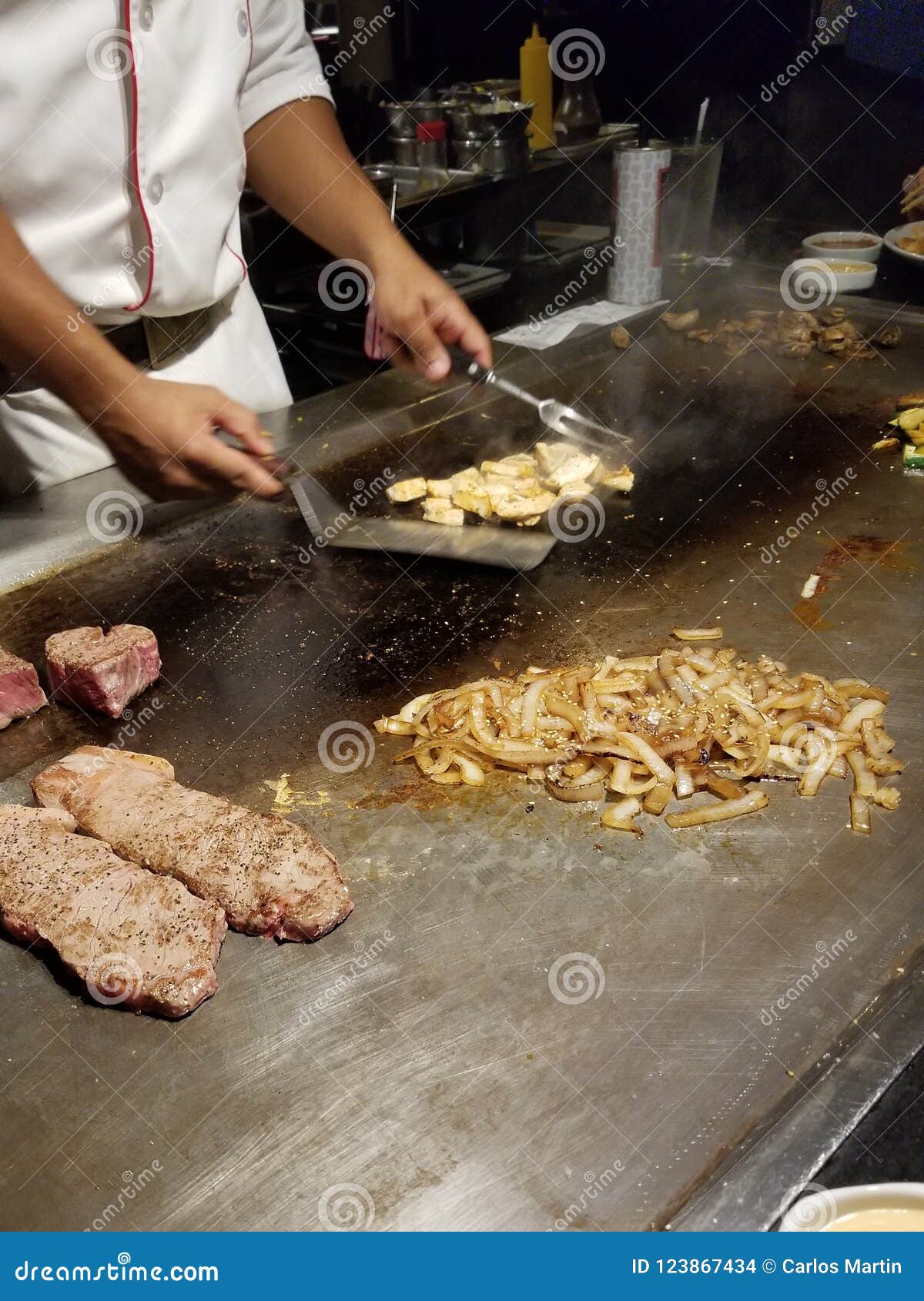 Teppanyaki style cooking stock photo. Image of sushi - 123867434