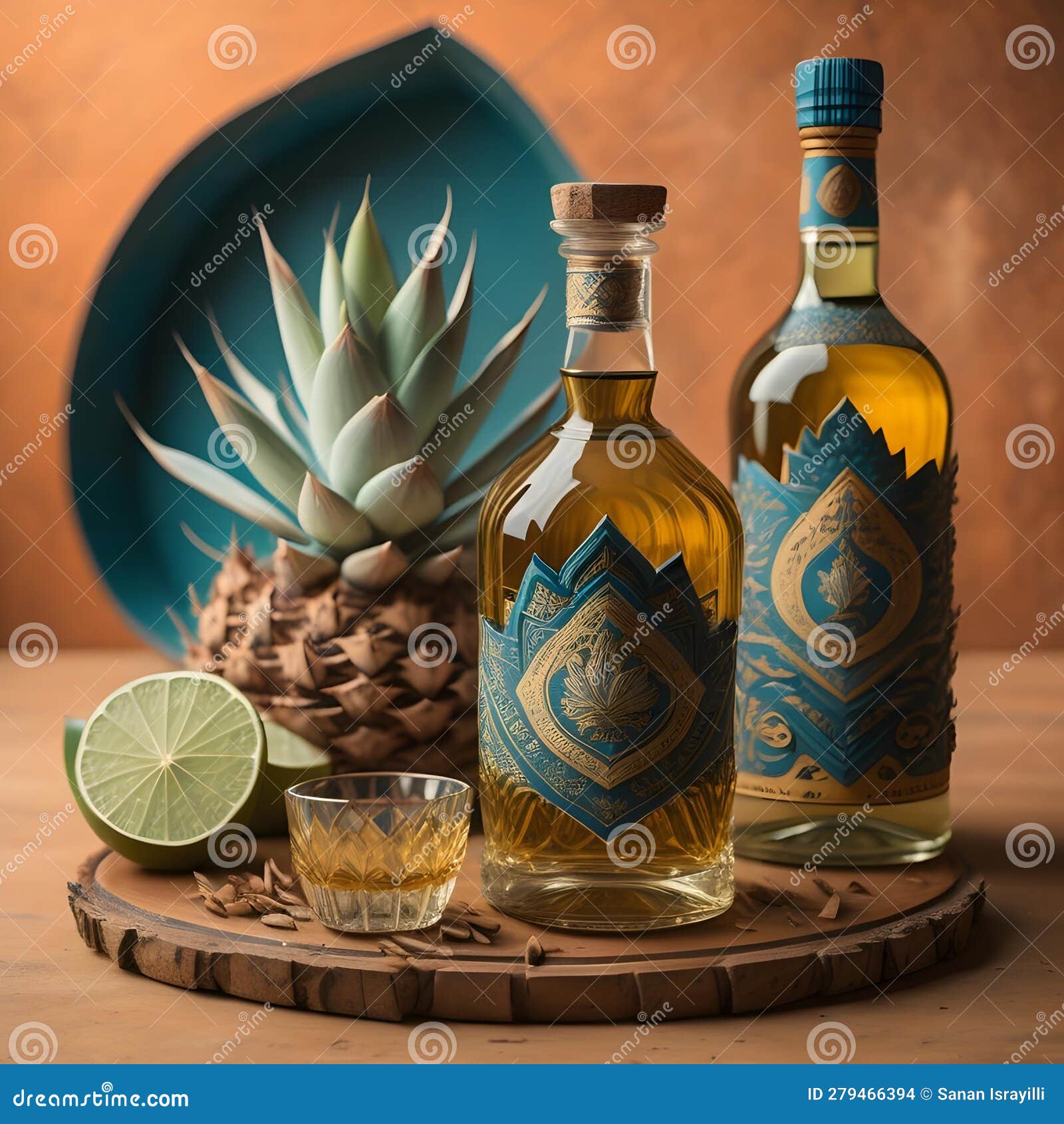 Tequila Bottle and Glass with Tequila on a Wooden Table. Generative Ai ...