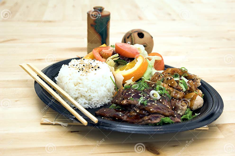 Teriyaki Combo Plate stock photo. Image of salad, chicken - 724310