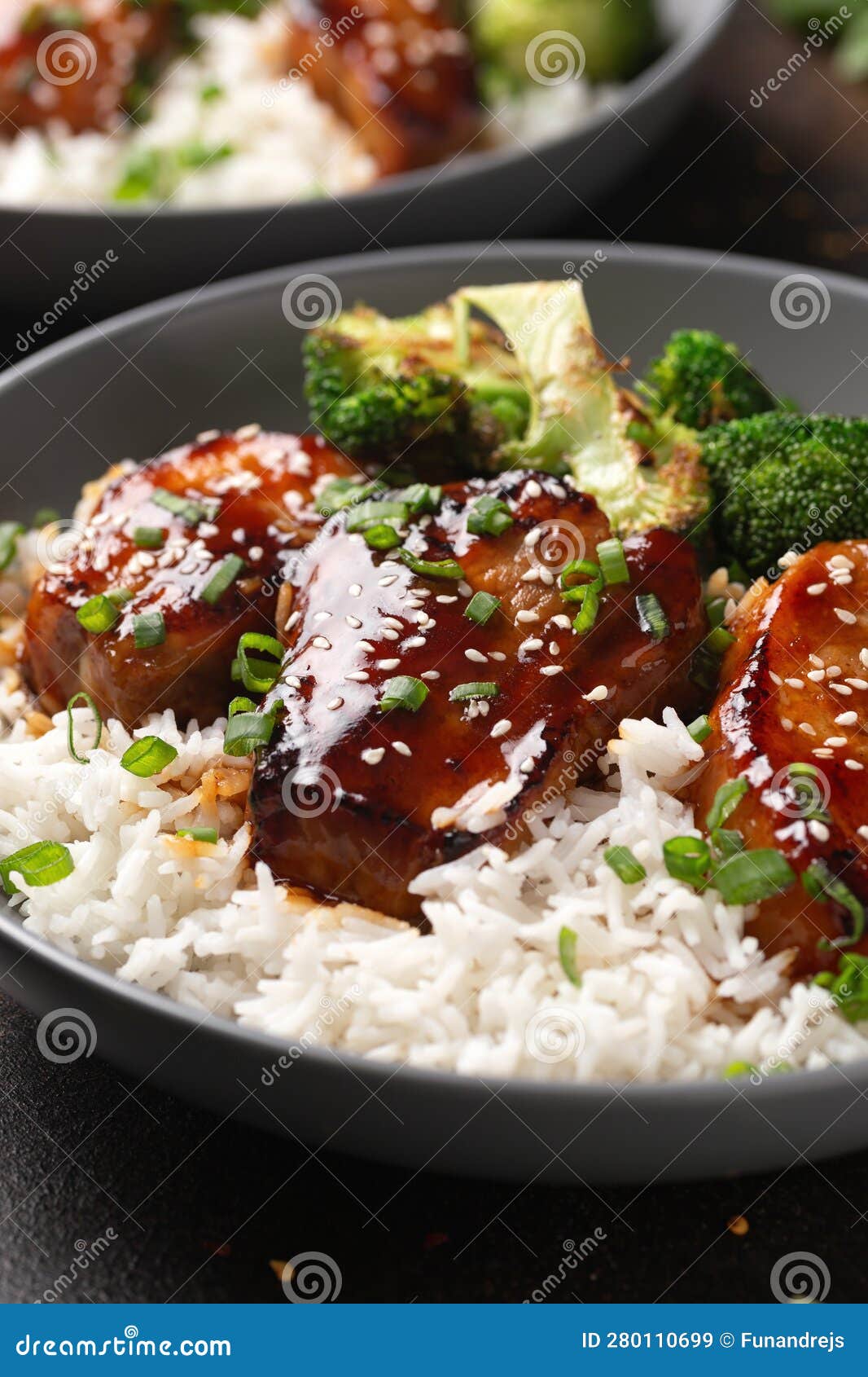 Teriyaki Pork Belly with Broccoli, Spring Onion and Rice Stock Image ...