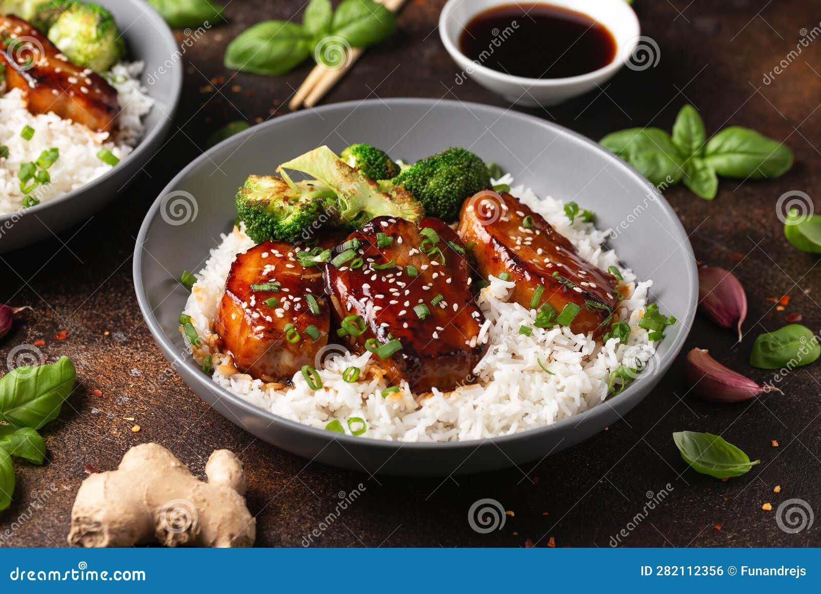 Teriyaki Pork Belly with Broccoli, Spring Onion and Rice Stock Photo ...