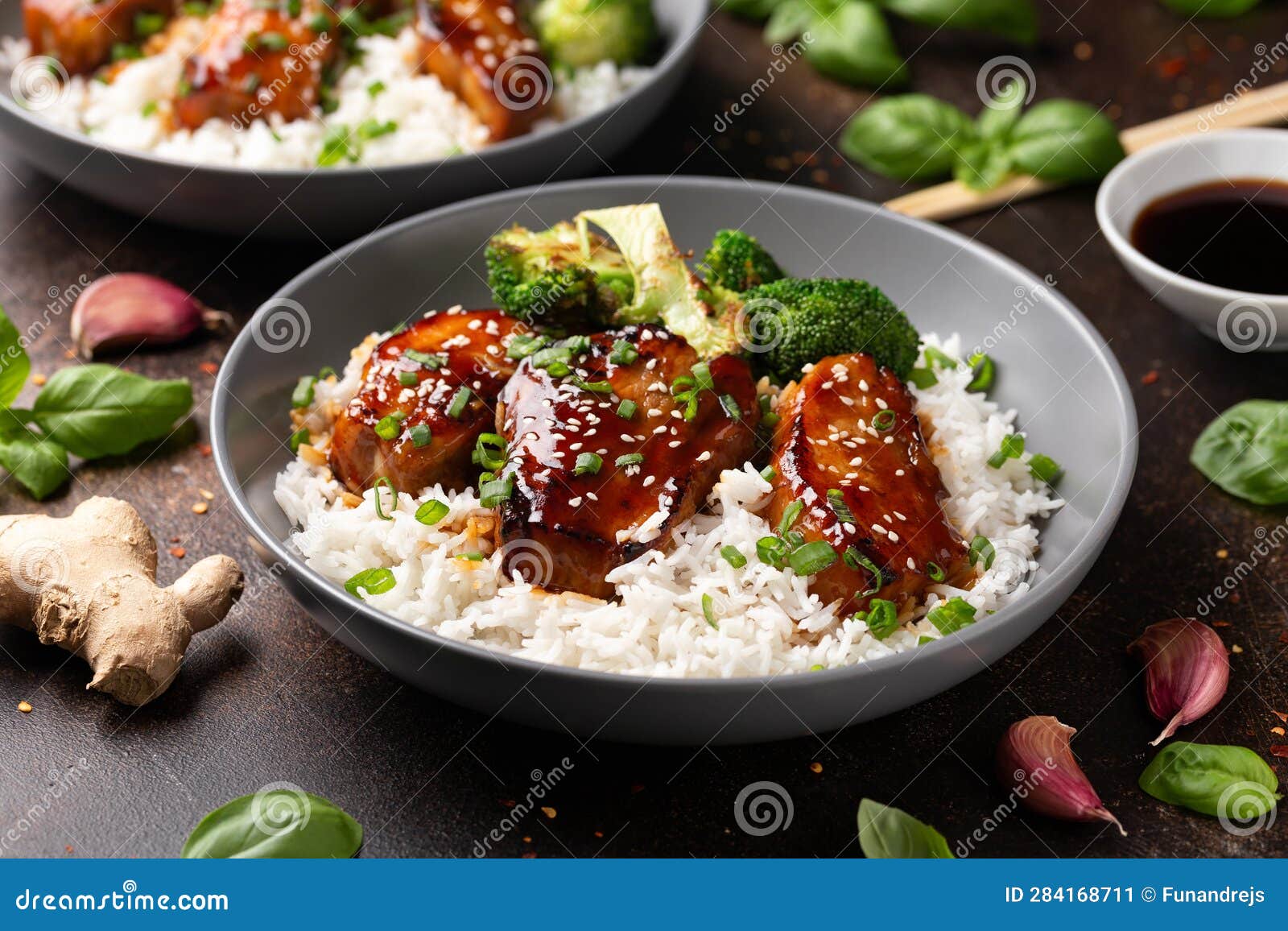 Teriyaki Pork Belly with Broccoli, Spring Onion and Rice Stock Image ...