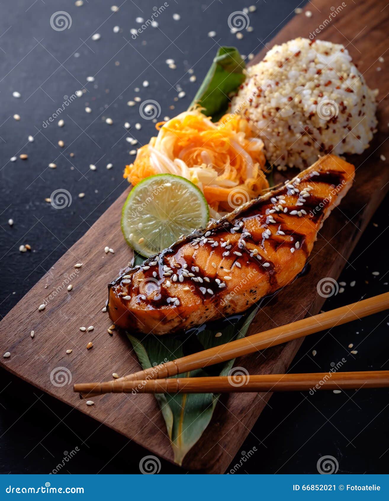 Teriyaki Salmon with Rice on a Wooden Platter Stock Image - Image of ...