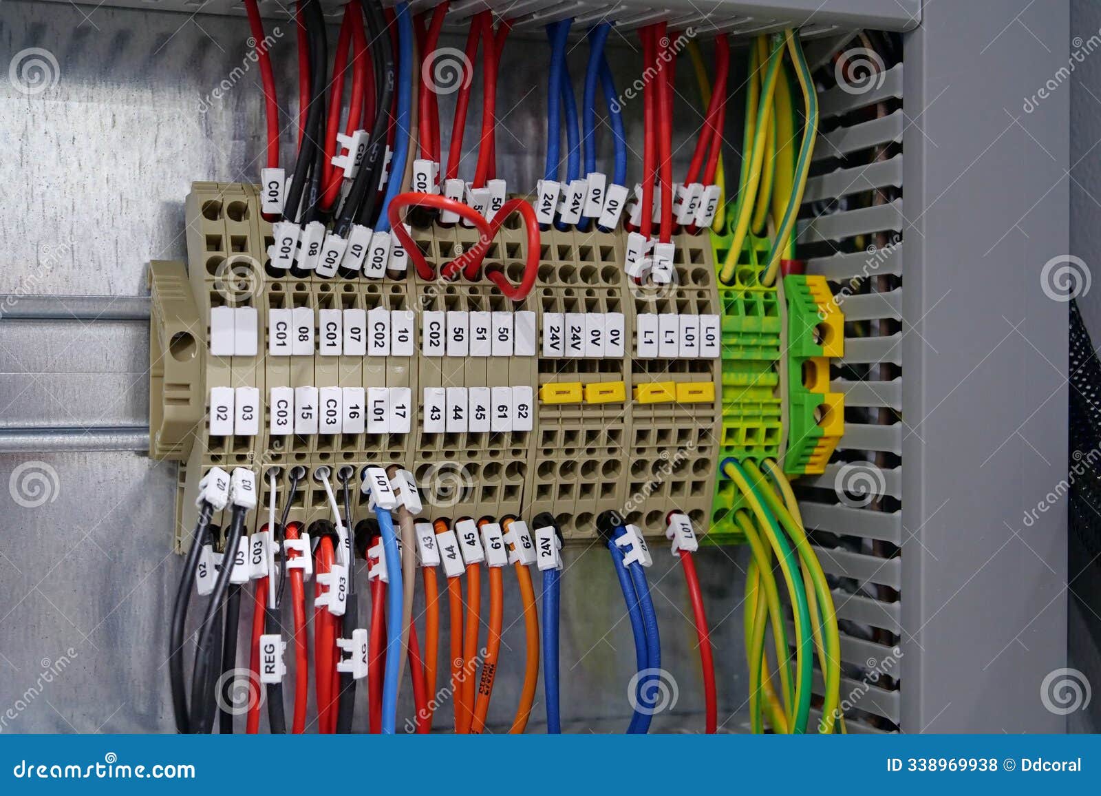 Terminal Blocks in Electrical Cabinet. Cable Connector. Industrial ...