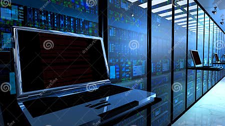 Terminal Monitor in Server Room with Server Racks in Datacenter ...