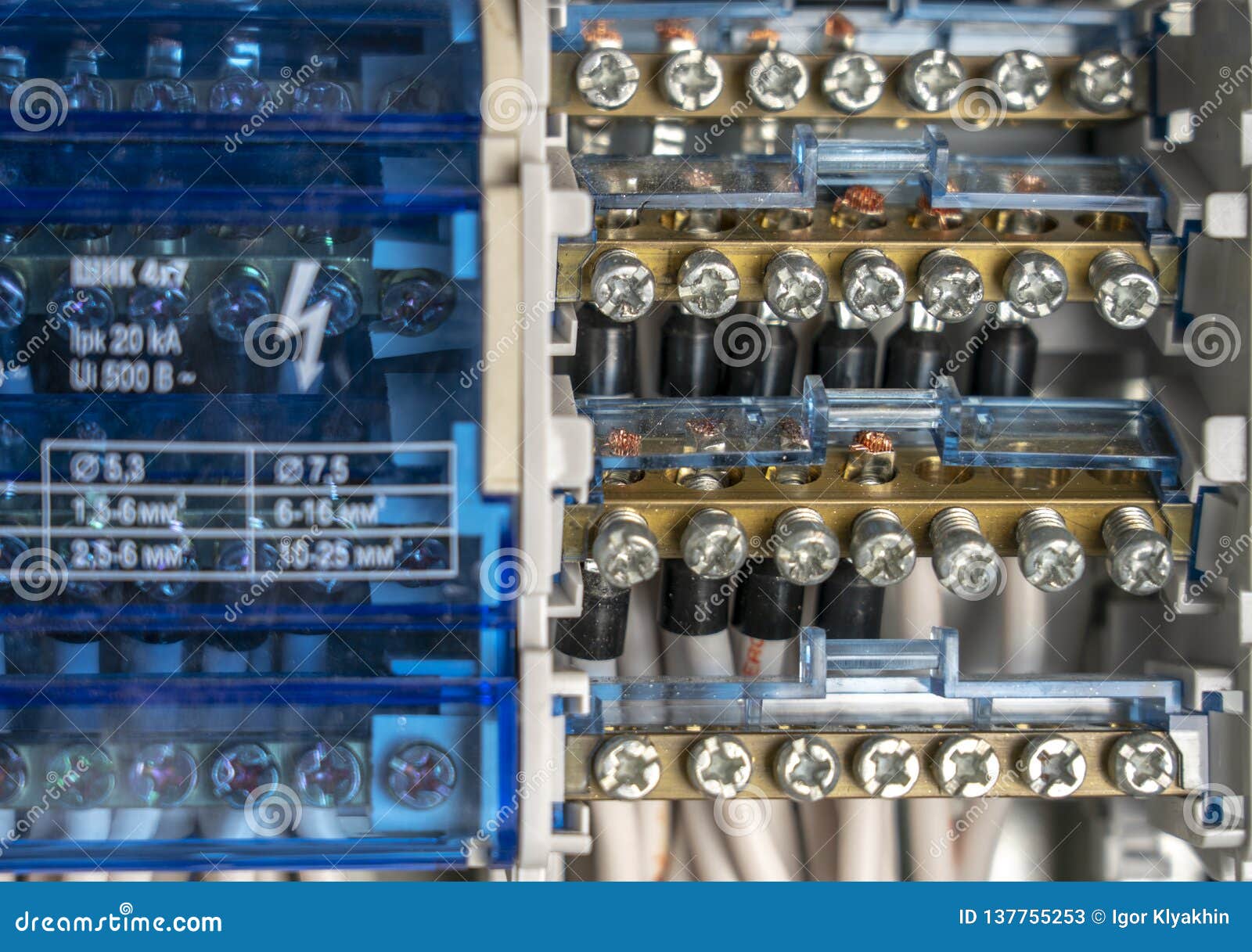 Terminals, Contacts, Circuit Breakers Wiring in Electrical Switchboard ...