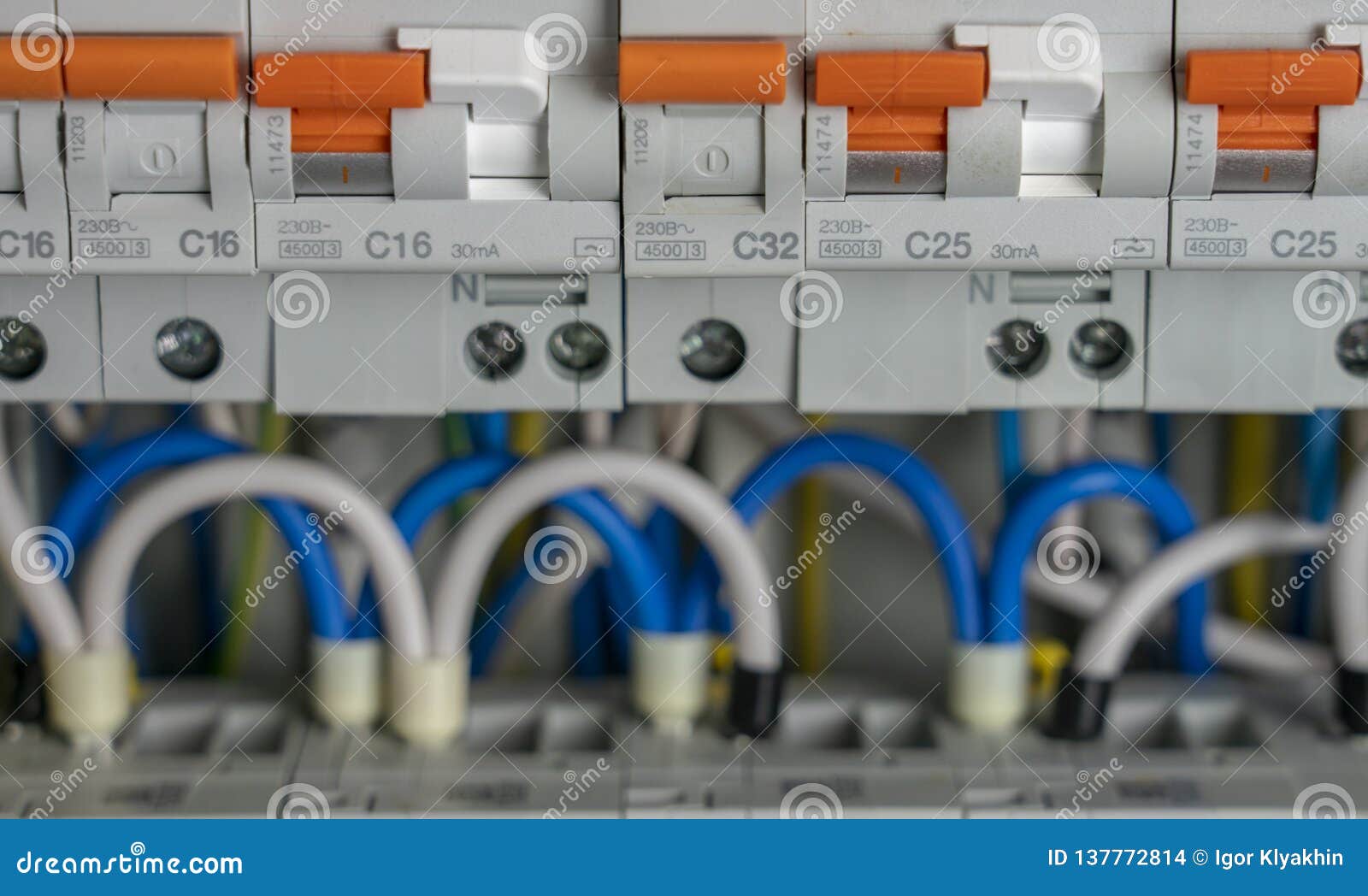 Terminals, Contacts, Circuit Breakers Wiring in Electrical Switchboard ...
