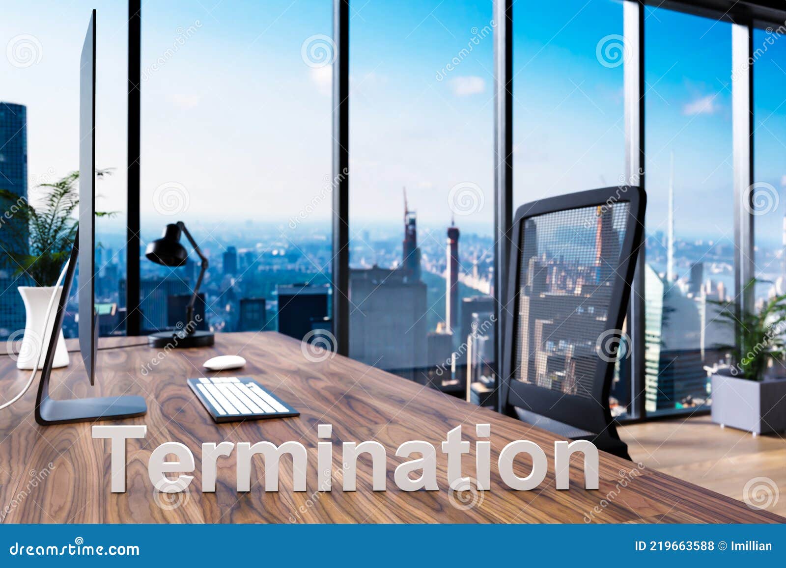 Termination; Office Chair in Front of Modern Workspace with Computer ...