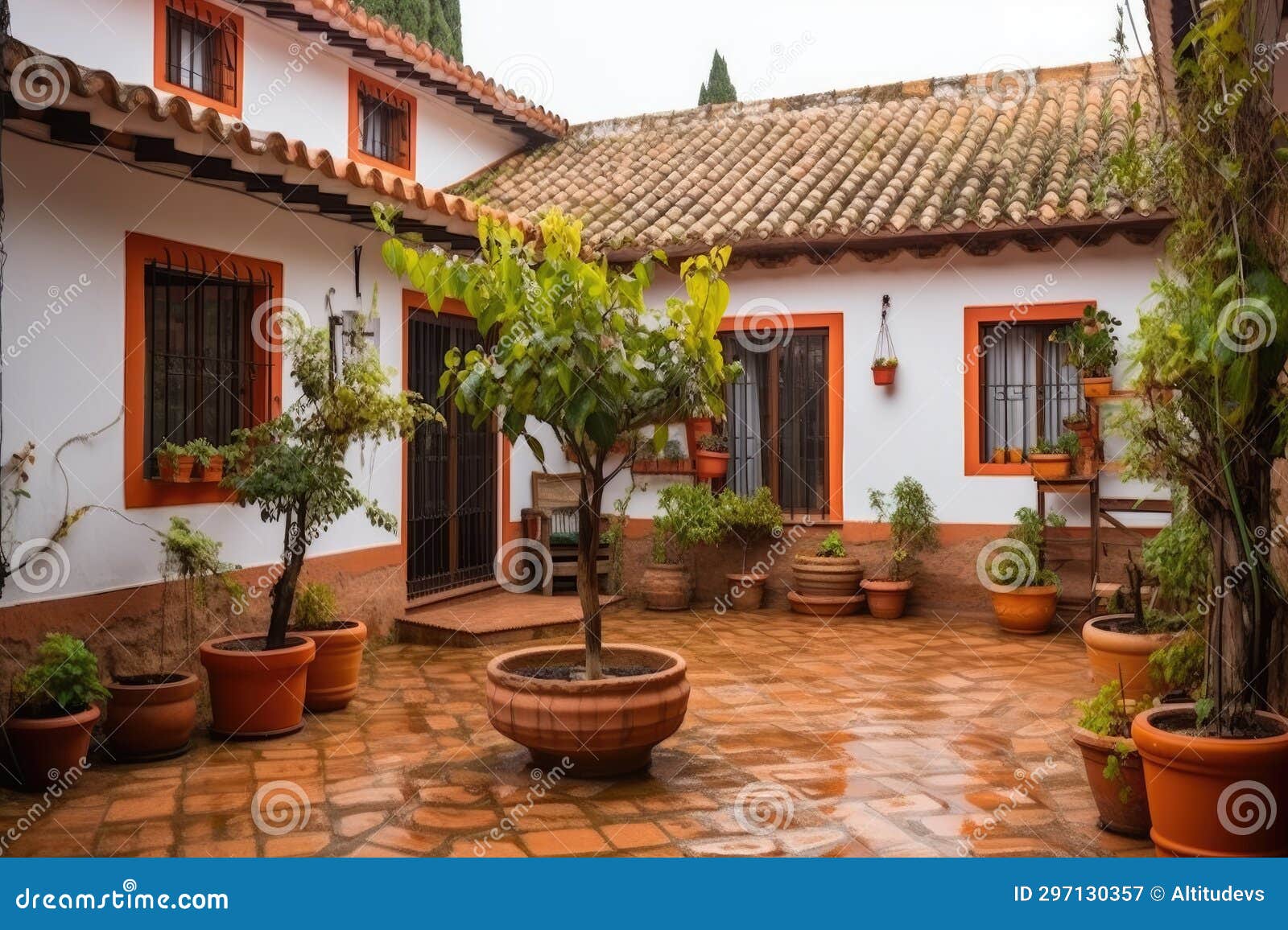 Terra-cotta Roofed Spanish Home with a Courtyard Stock Image - Image of ...