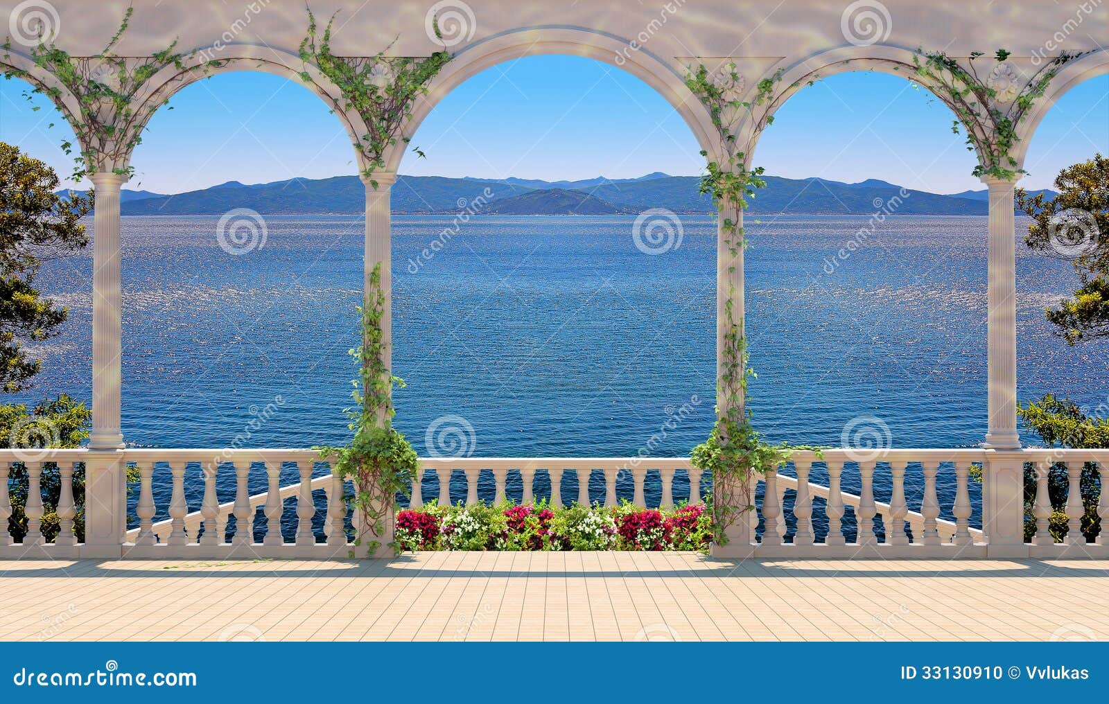 Terrace with Balustrade Overlooking the Sea and Mountains Stock Photo ...