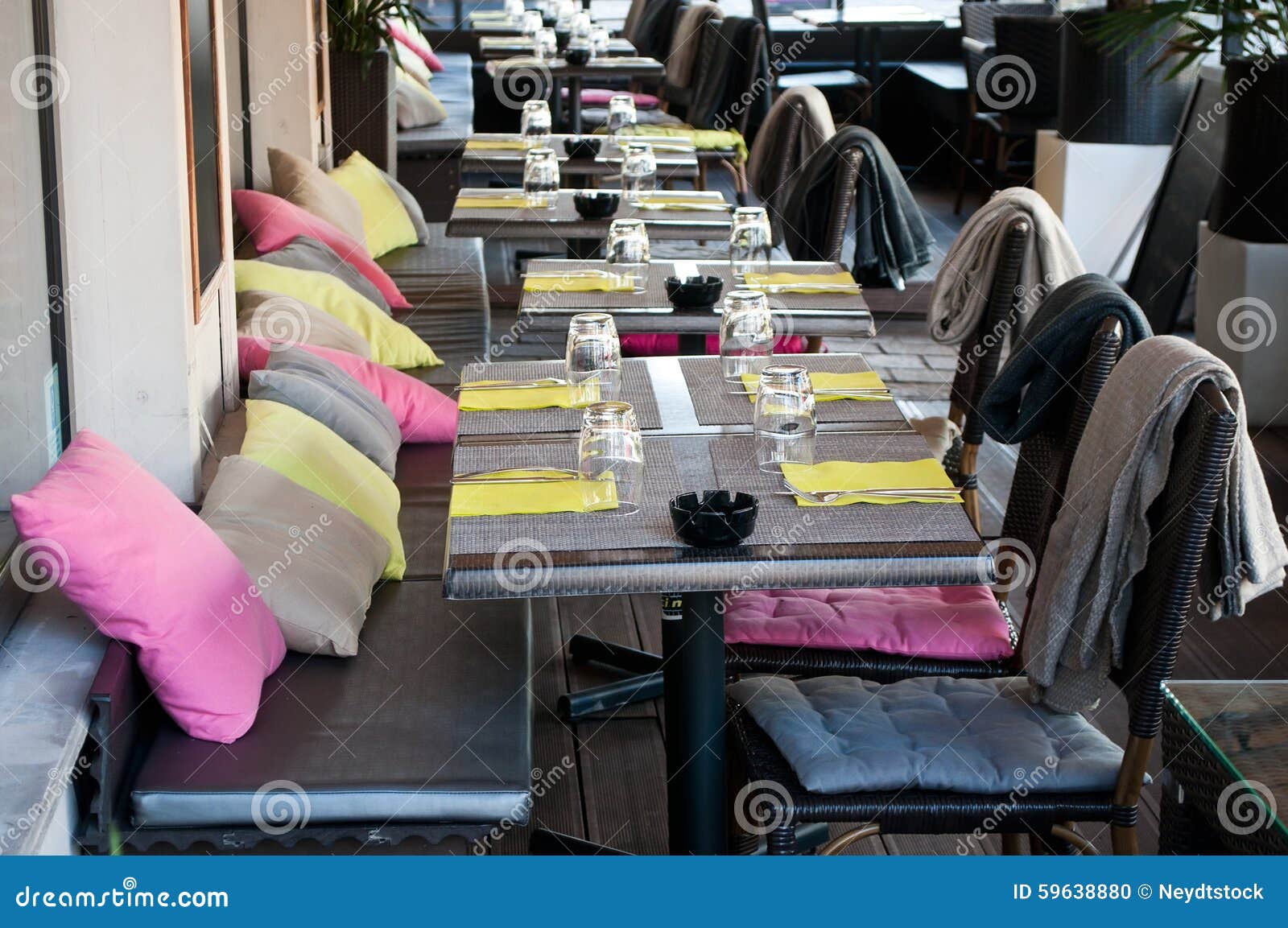 Terrace Restaurant with Blankets Stock Photo - Image of summer, cutlery ...