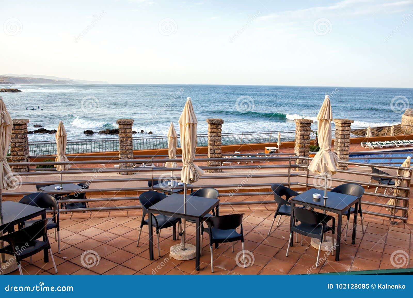 Terrace of a Restaurant with Sun Shades on a Beautiful Beach Stock ...