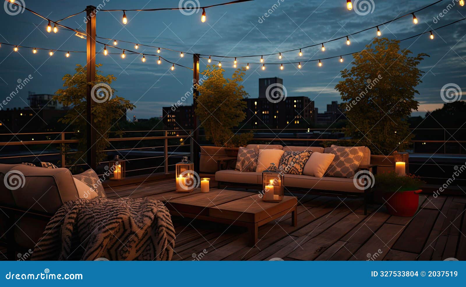Terrace On Rooftop With City View. Empty Patio On Roof Or Balcony With ...