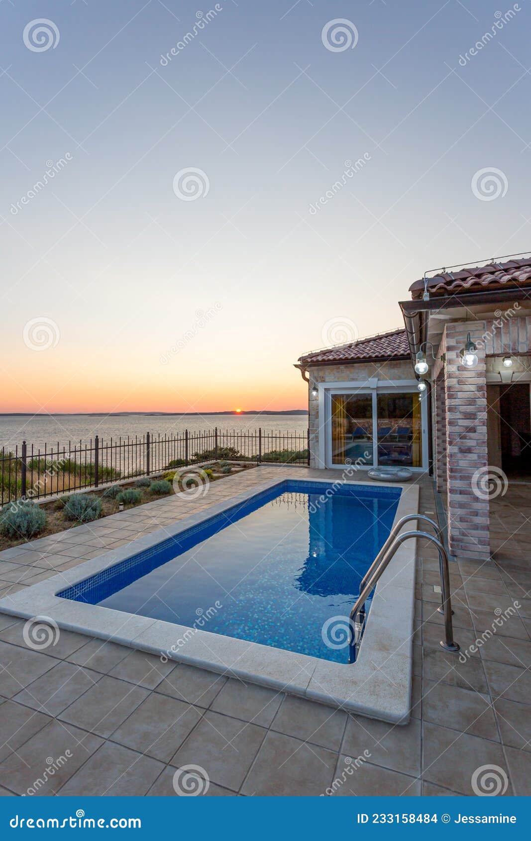 Terrace with Swimming Pool and at Sunset Stock Photo - Image of ...