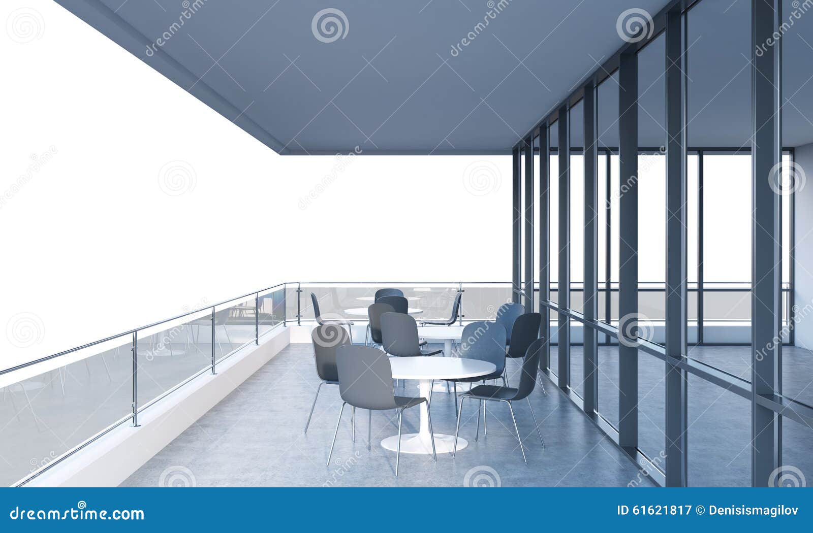 A Terrace with Tables and Chairs in a Modern Panoramic Building. 3D ...