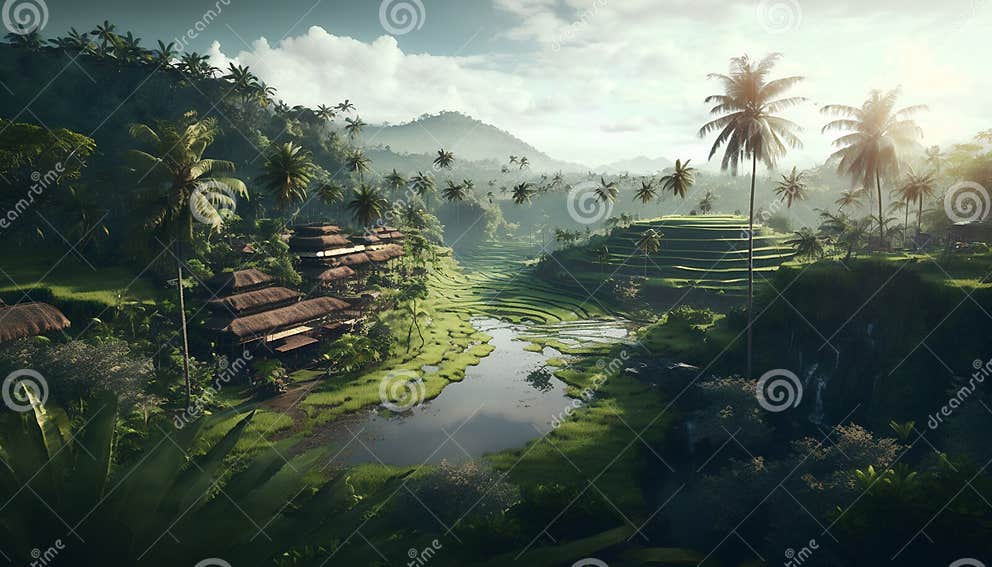 Terraced Rice Fields in Bali, Indonesia. 3D Rendering Stock Image ...