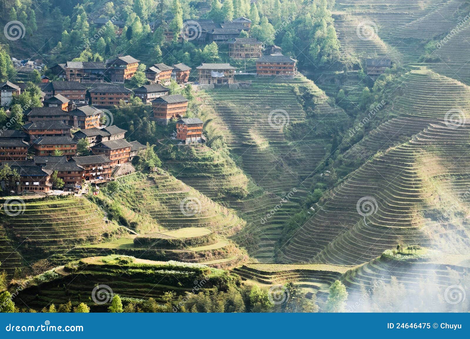 Terraced village at dusk stock image. Image of guilin - 24646475