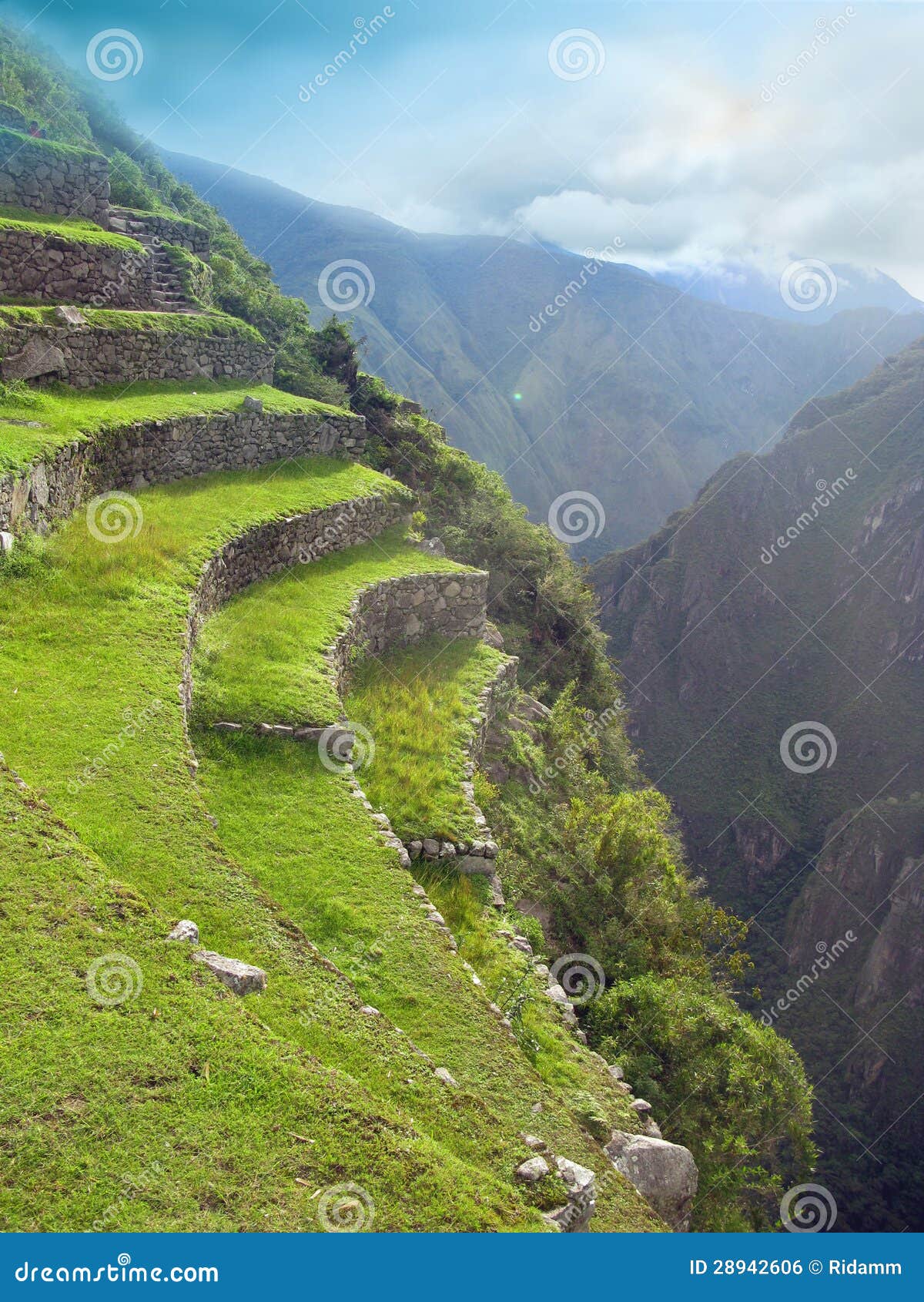 Terraces of Machu Picchu. Peru Stock Photo - Image of indien, clouds ...