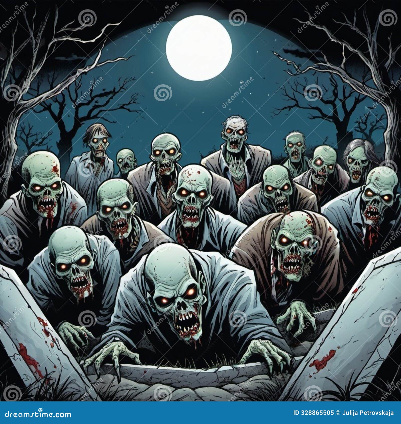 Terrible Comic Zombies Emerge from Graves, Decayed Bodies Illuminated ...
