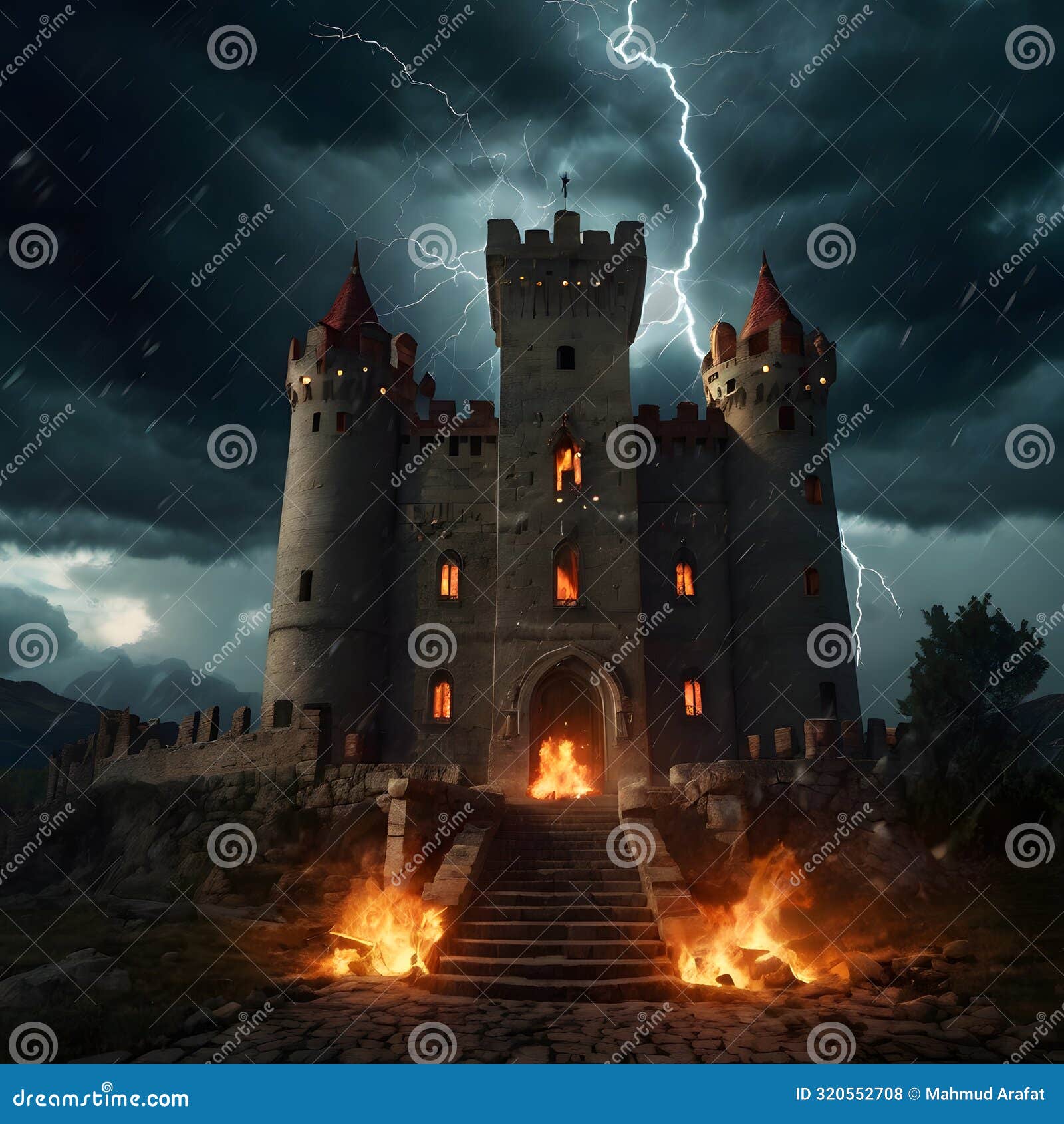 A Terrible Storm Destroying a Castle, Dark, There is Flashes of ...