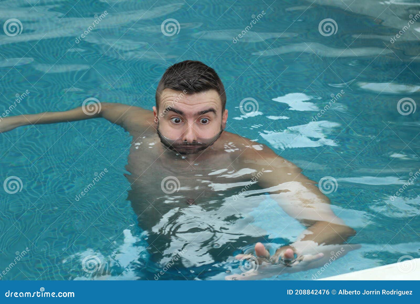 Terrified Man Asking for Help in Swimming Pool Stock Photo - Image of ...