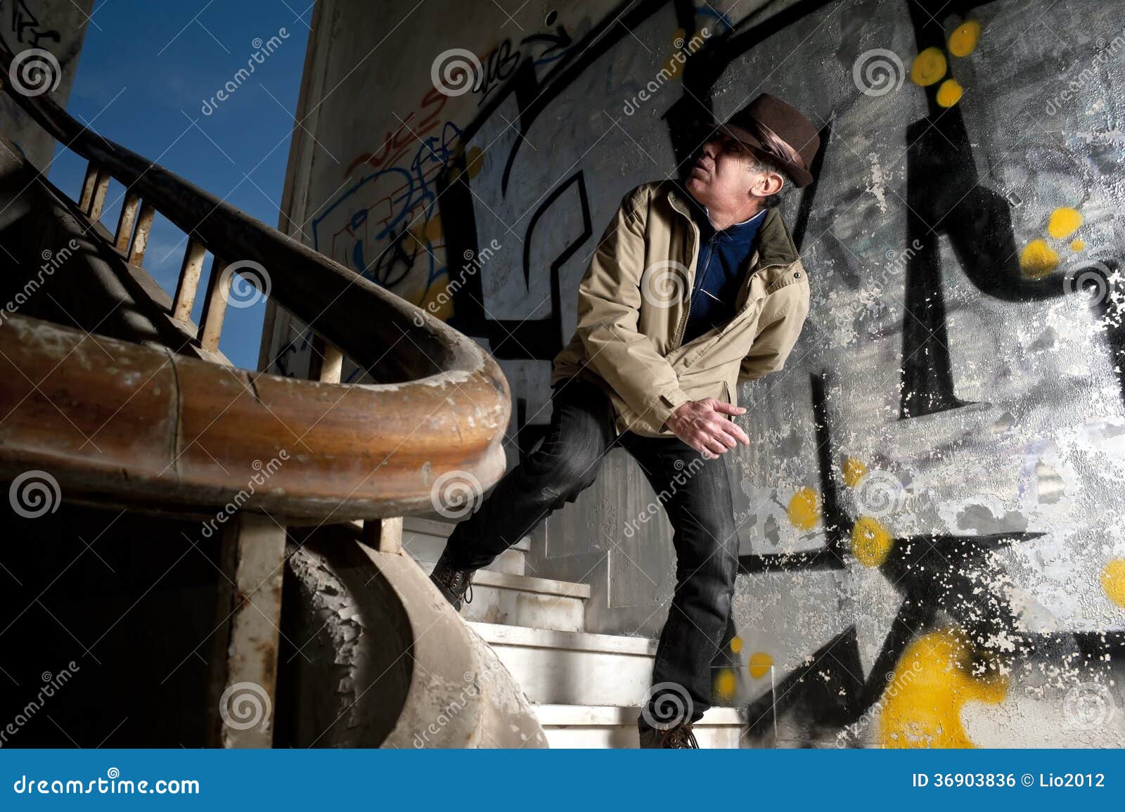 Terrified Man Walking Down the Stairs Stock Photo - Image of caucasian ...
