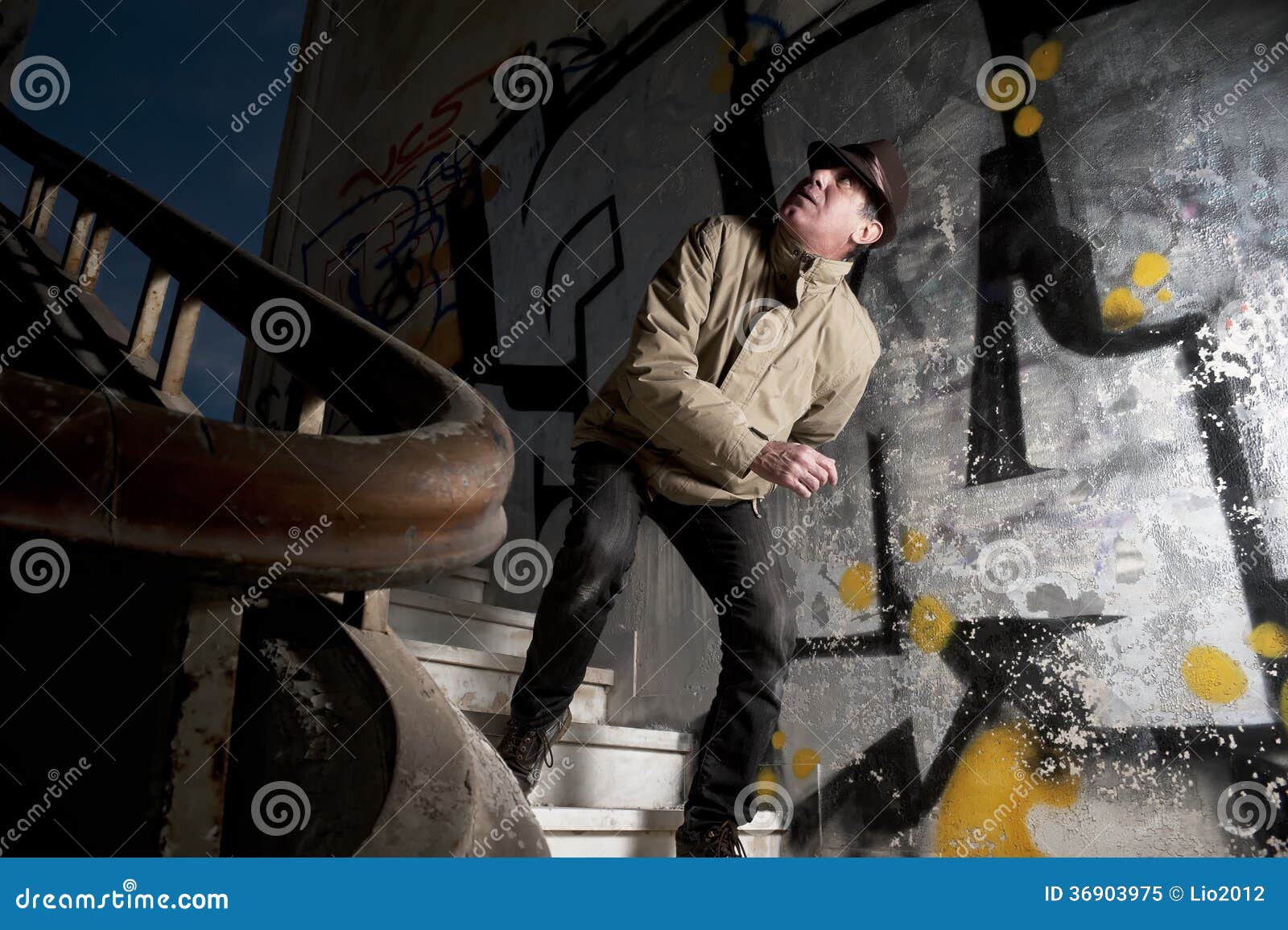 Terrified Man Walking Down the Stairs Stock Image - Image of anxiety ...