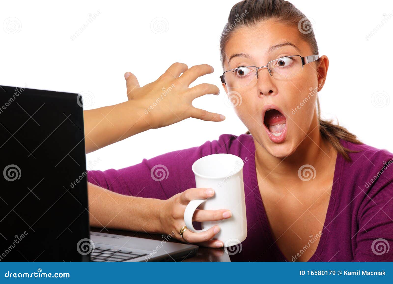 Terrified Young Lady Feeling Afraid, Trying To Hide, Standing On Pink ...