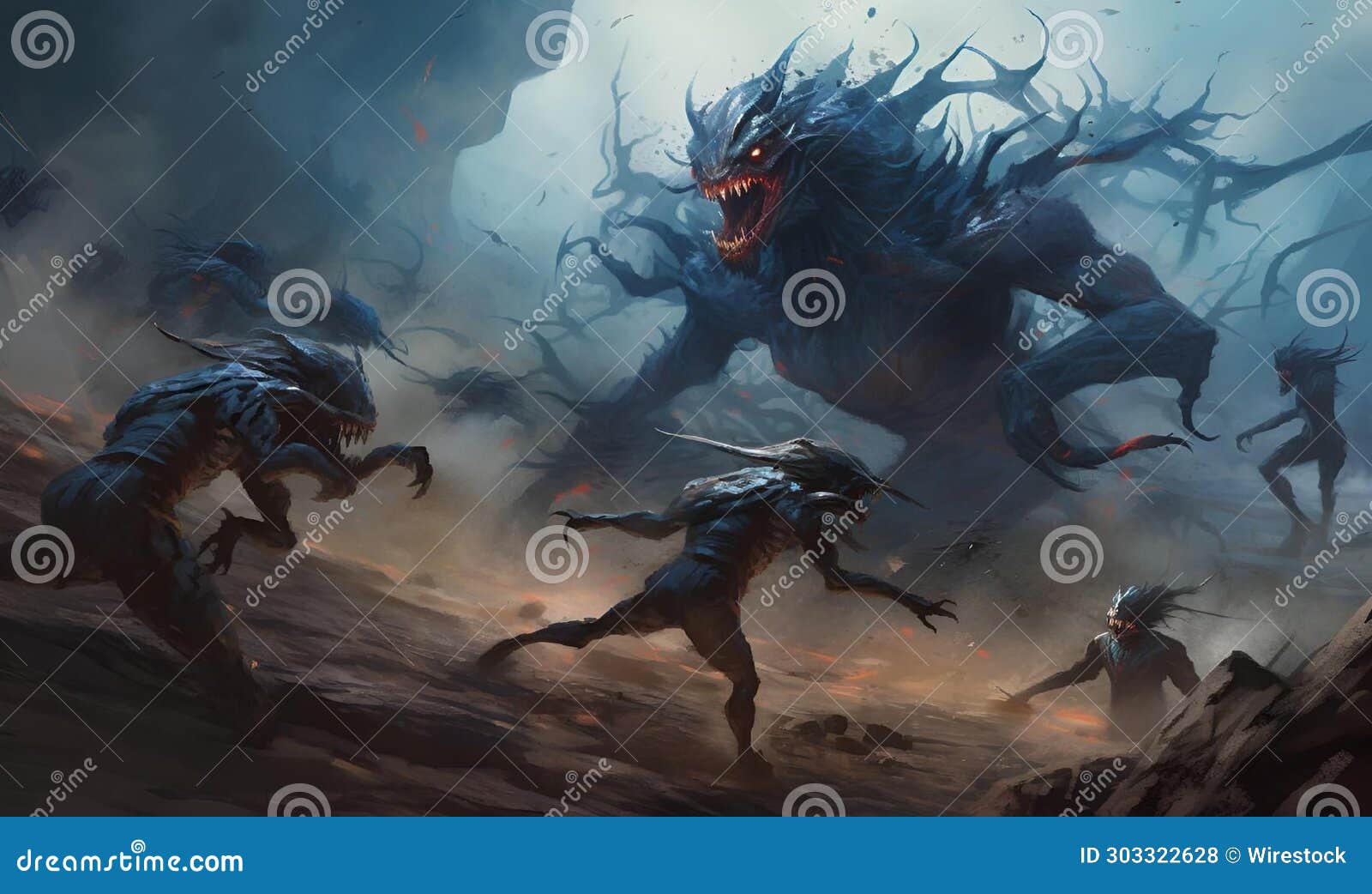 A Terrifying Monster Fighting Dark Creatures in a Dramatic Fantasy ...