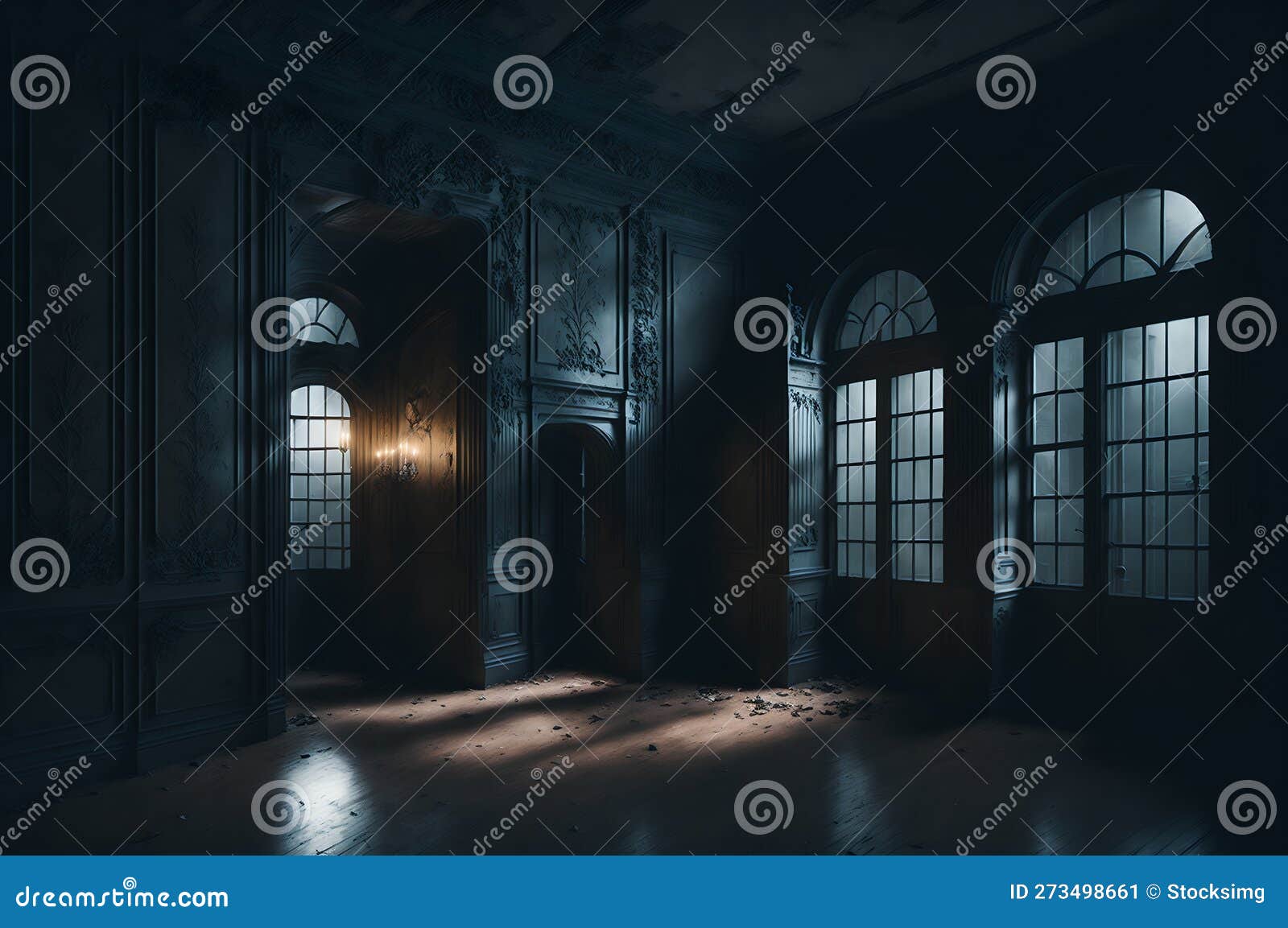 A Terrifying Room with Darkness and Dim Lights and Windows Stock ...