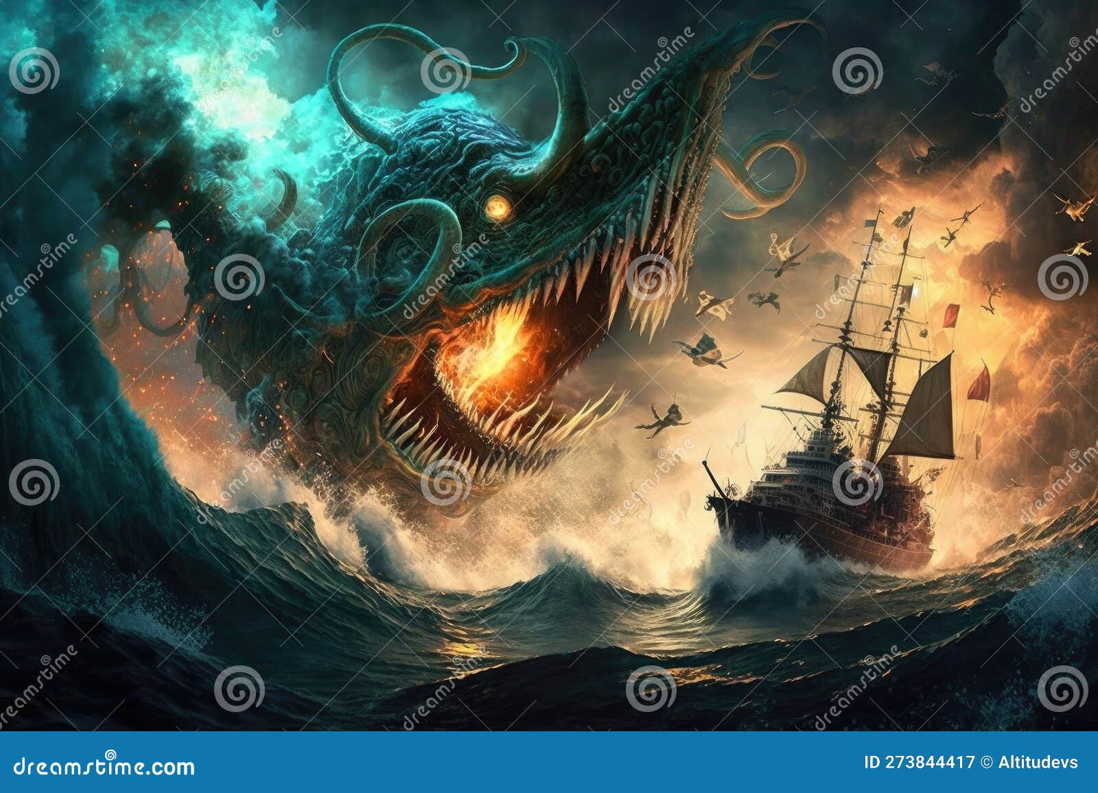 A Terrifying Sea Monster Attack with a Burning Ship in the Background ...