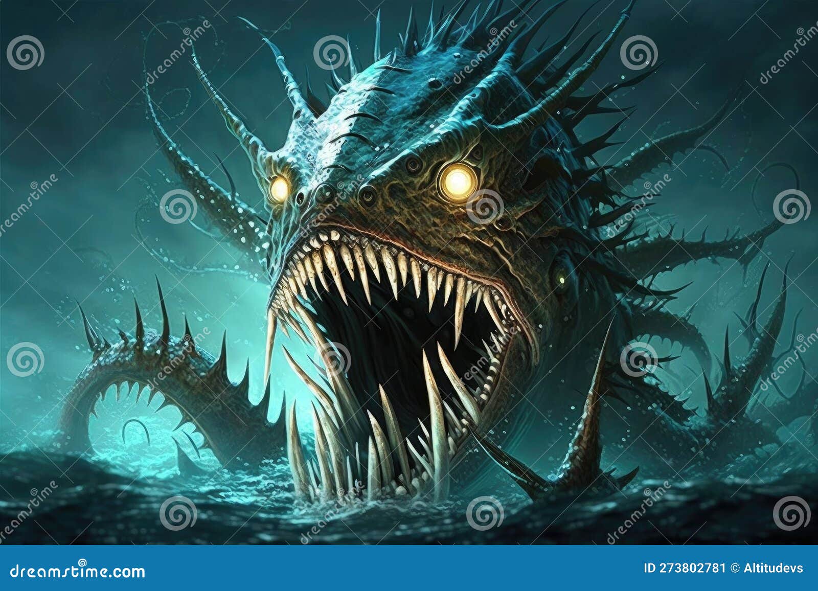 A Terrifying Sea Monster, with Many Tentacles and Sharp Teeth. Stock ...
