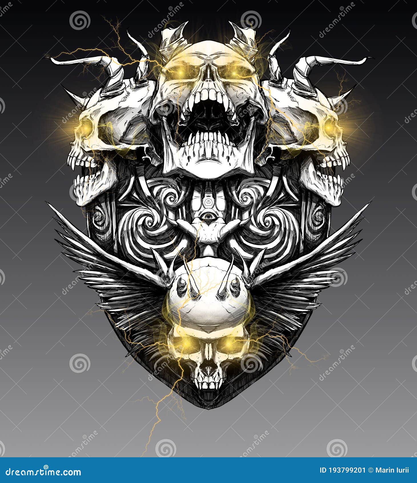 Terrifying Shield with Skulls and Patterns Stock Illustration ...