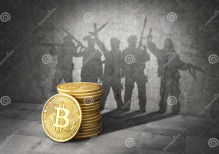 Terrorism Concept. E-financing of Terror. Stack of Bitcoin Cast Shadow ...