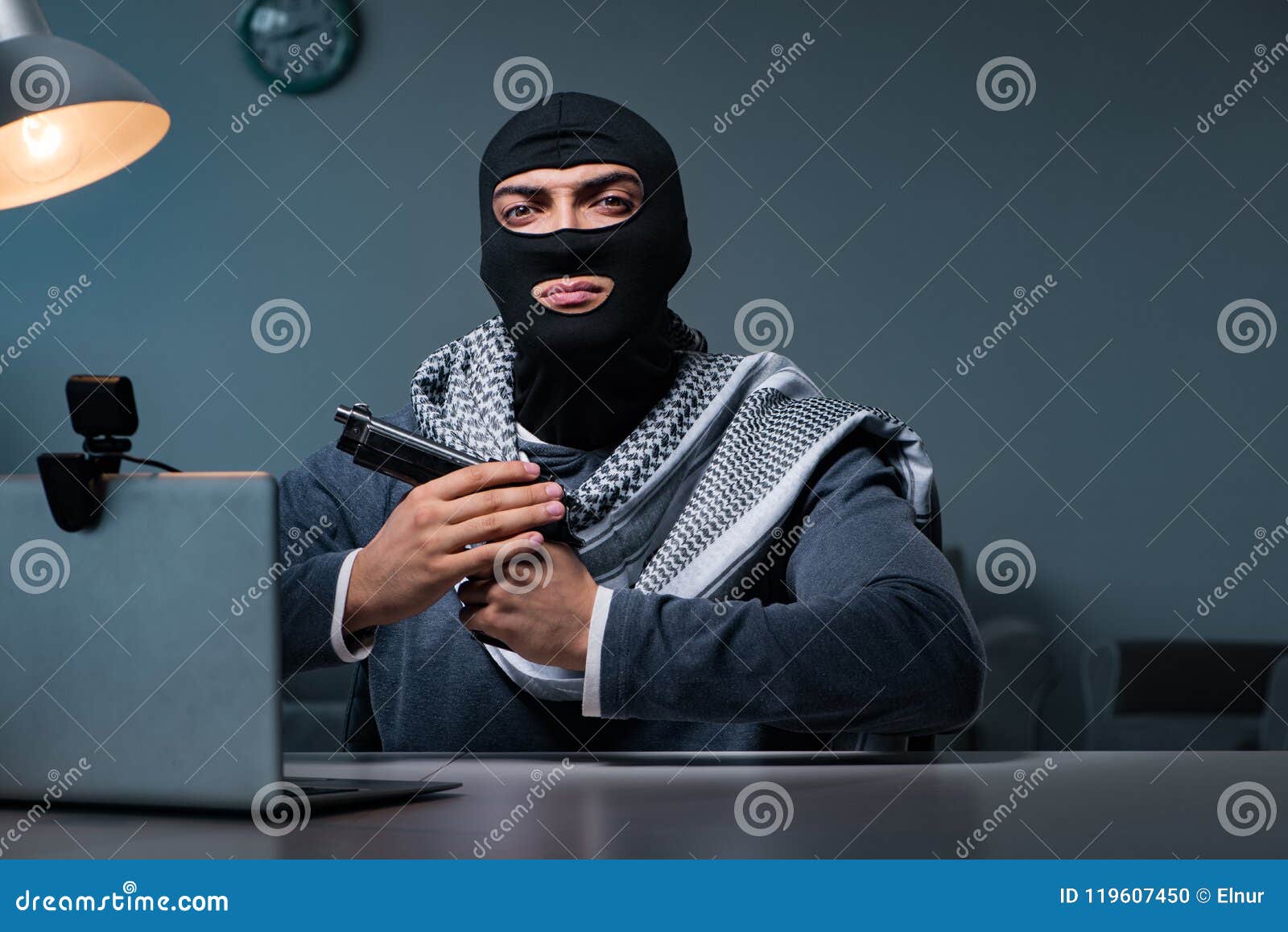 The Terrorist Burglar with Gun Working at Computer Stock Photo - Image ...