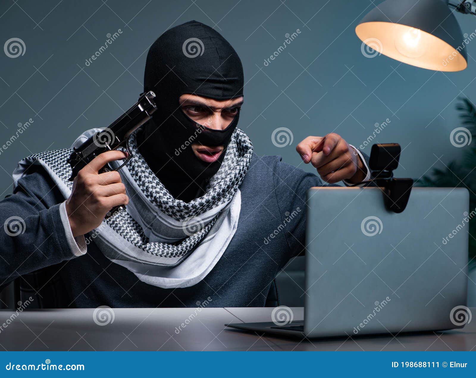 Terrorist Burglar with Gun Working at Computer Stock Image - Image of ...