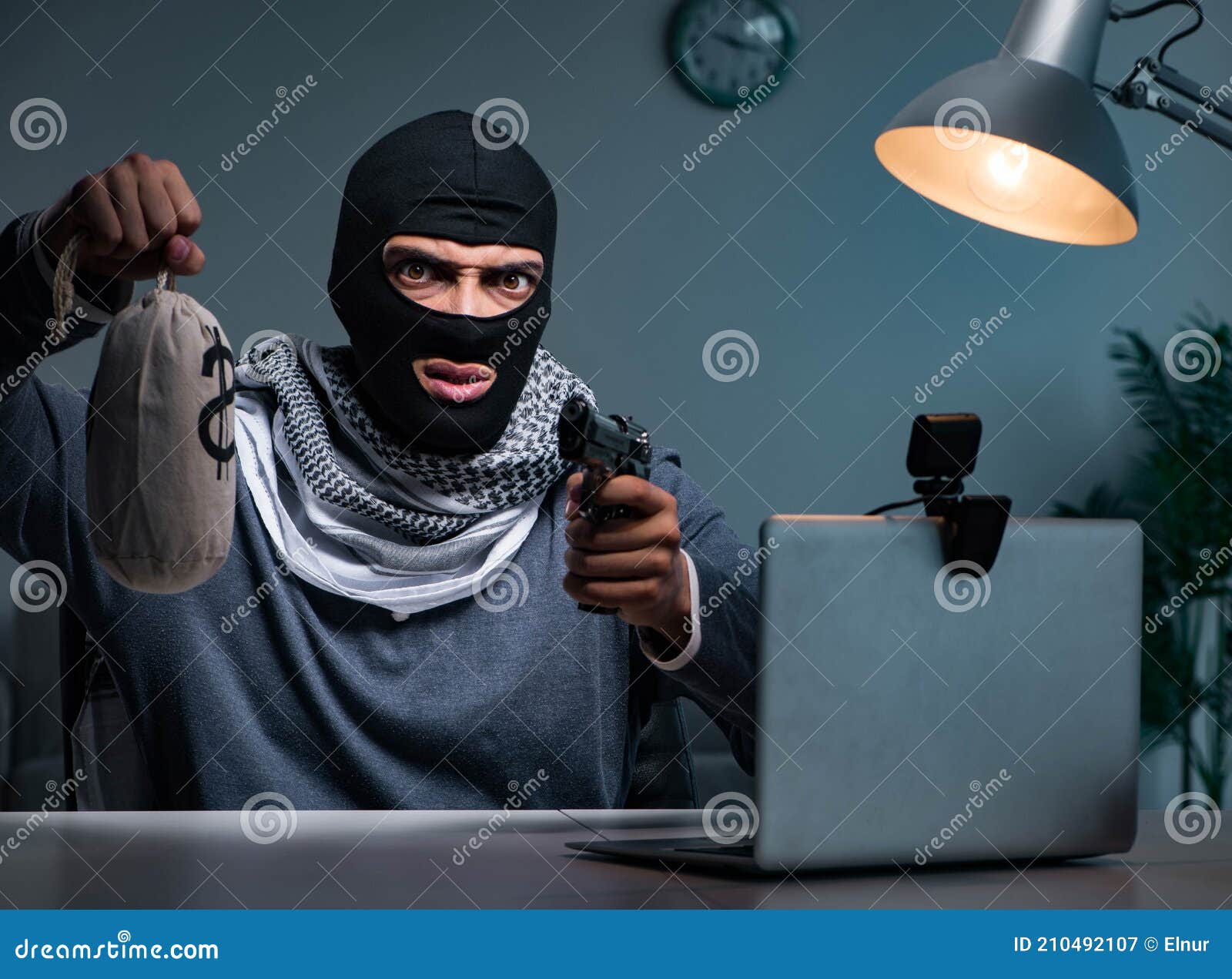 Terrorist Burglar with Gun Working at Computer Stock Image - Image of ...