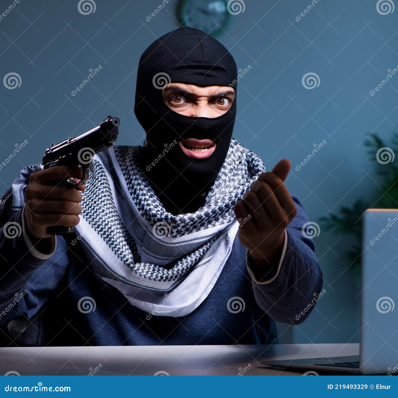 Terrorist Burglar with Gun Working at Computer Stock Image - Image of ...