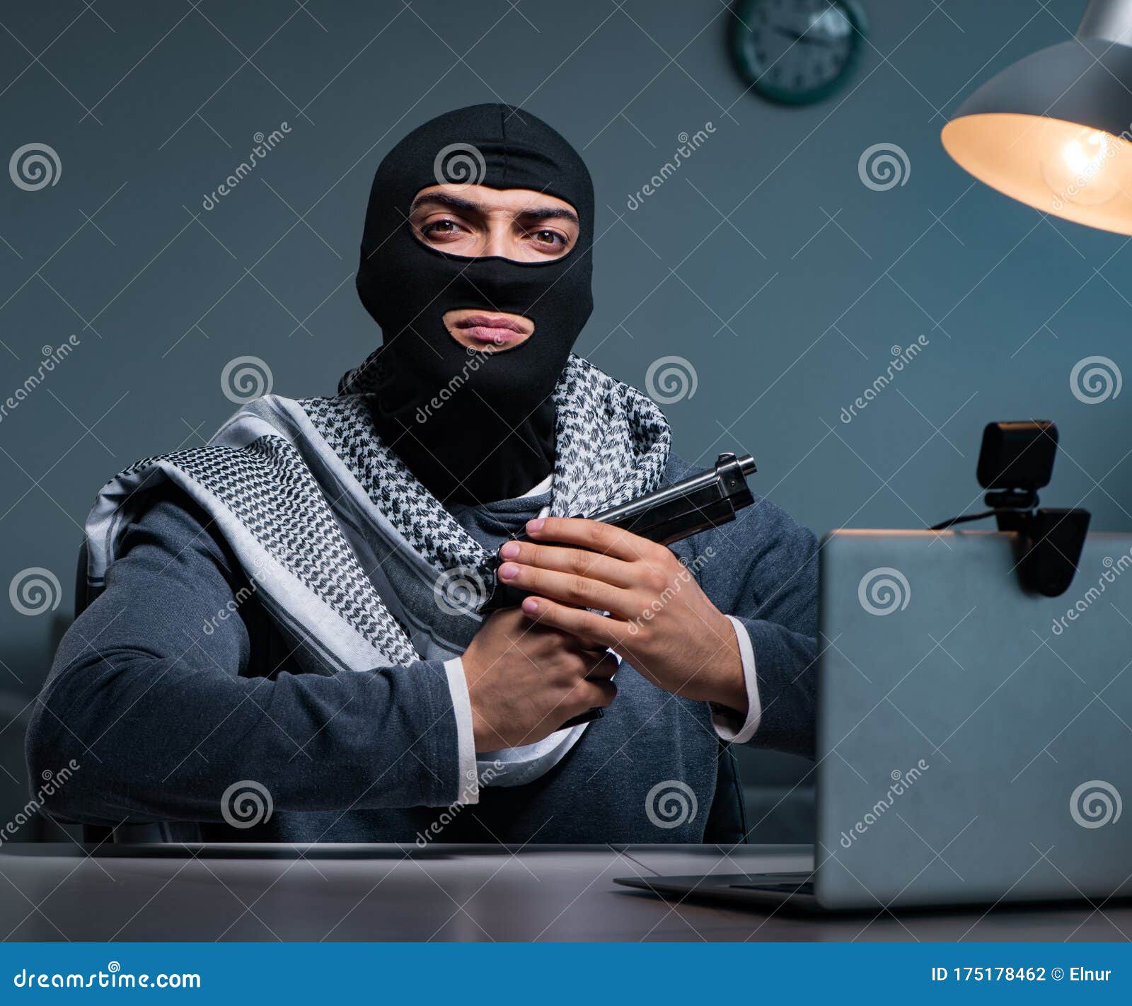 Terrorist Burglar with Gun Working at Computer Stock Photo - Image of ...