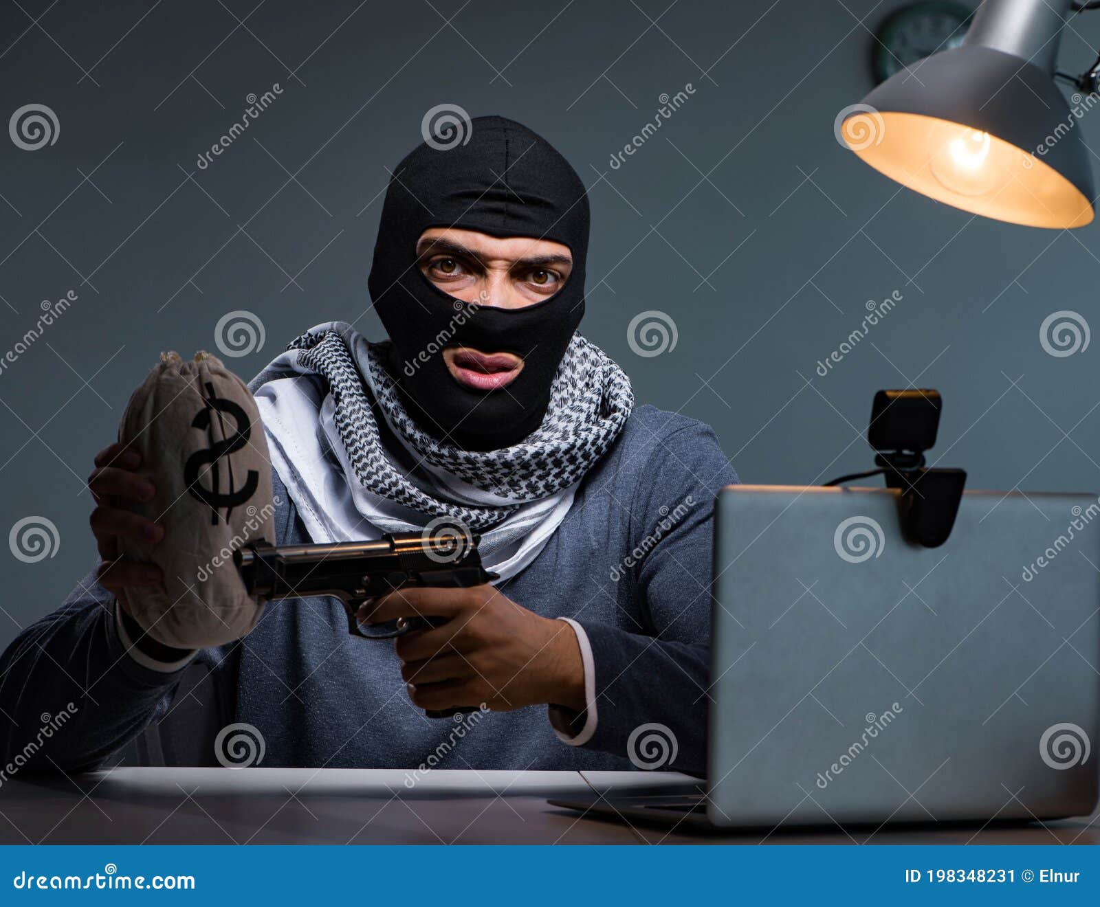 Terrorist Burglar with Gun Working at Computer Stock Image - Image of ...