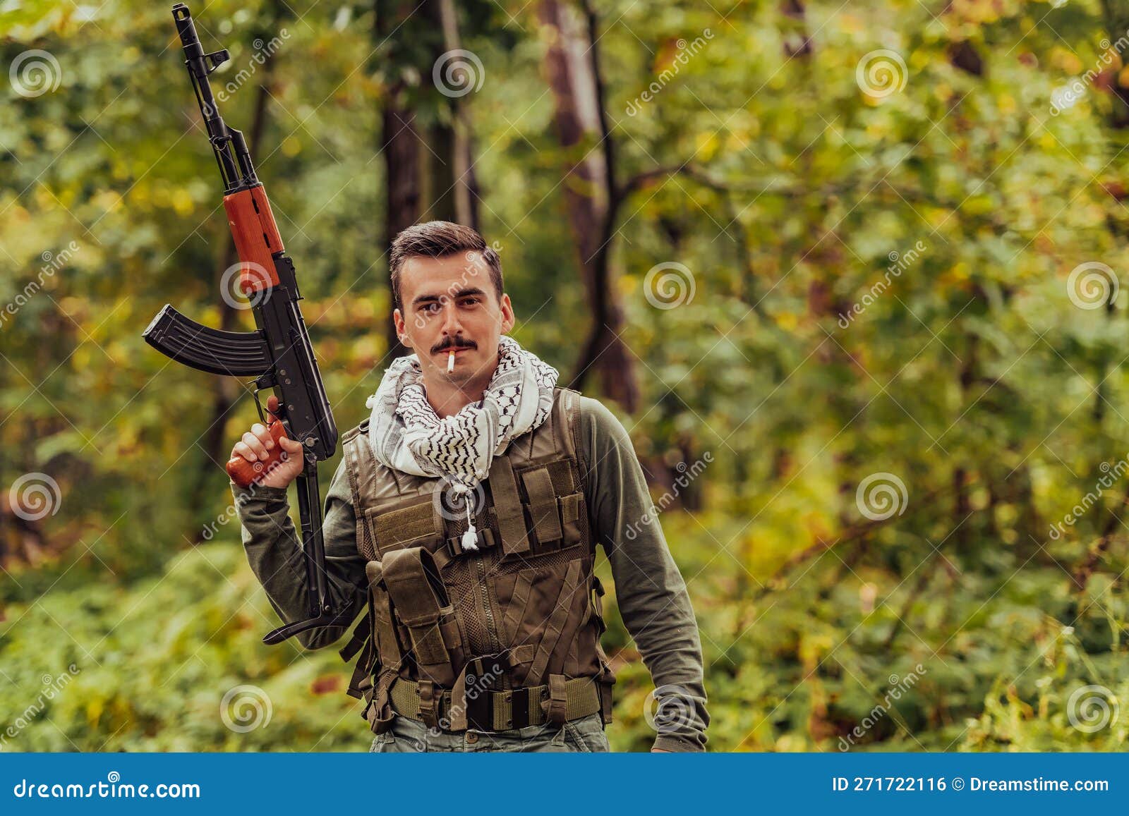 Terrorist Have a Break and Smoke Cigarette in Forest during Battle ...