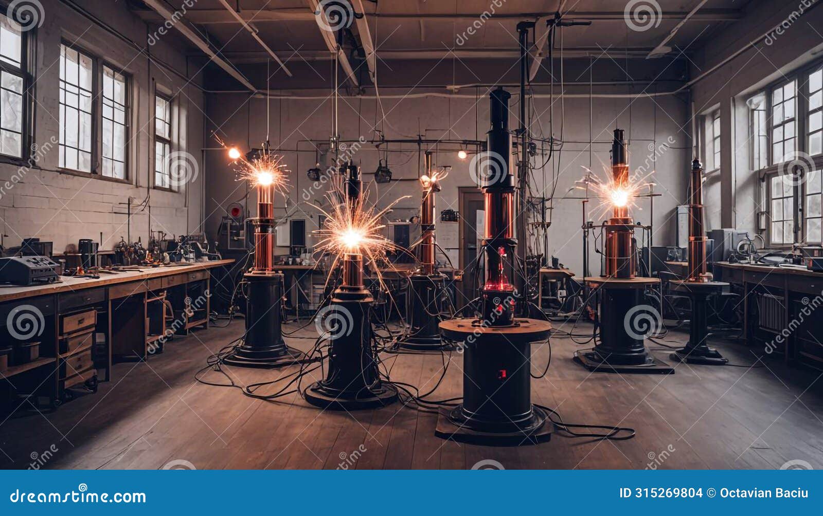 Tesla Coil Electrostatic Discharge Experiment On A Table On Dark ...
