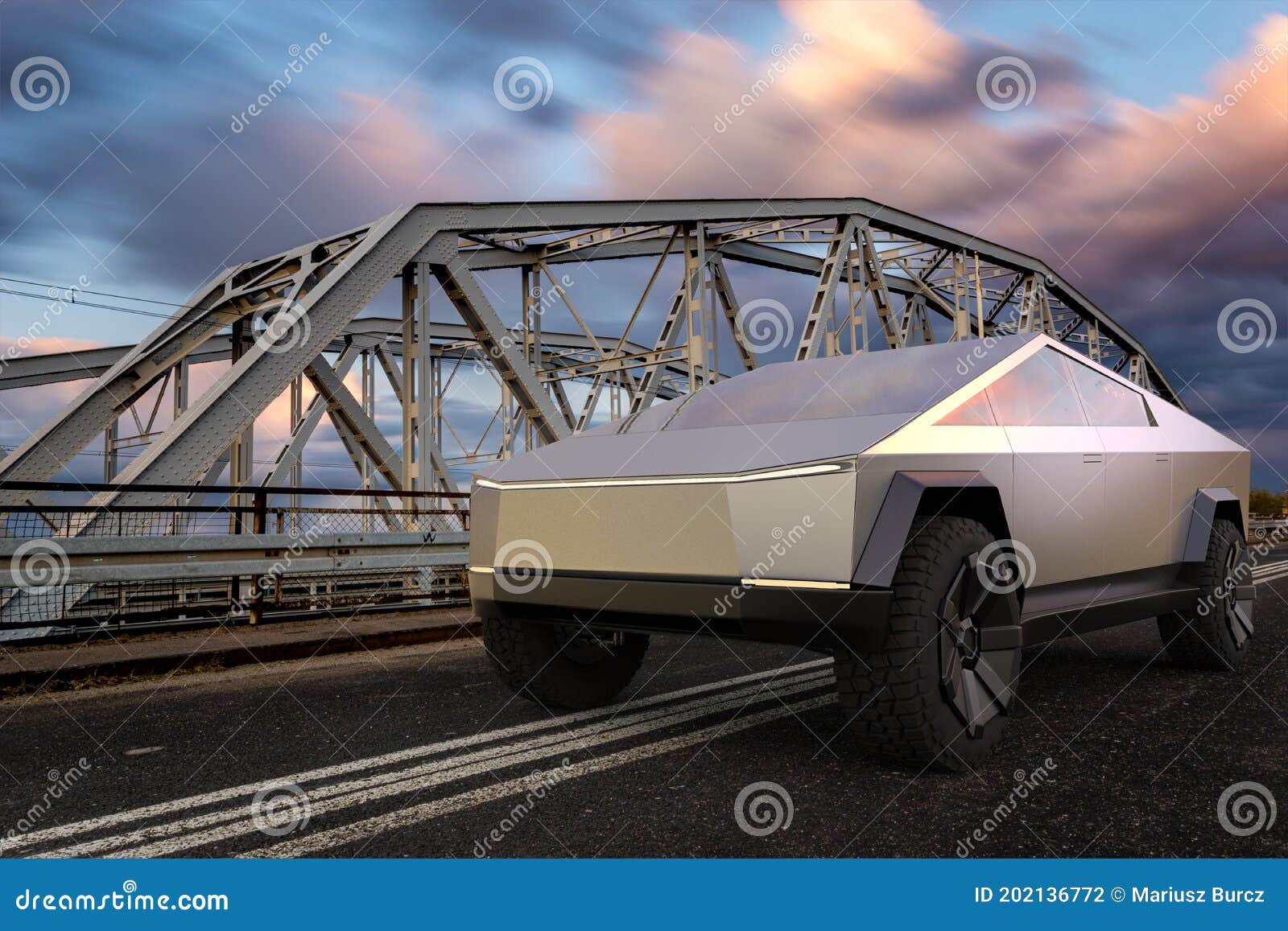 Tesla Cybertruck In Front Of A Truss Bridge During An Evening Storm ...